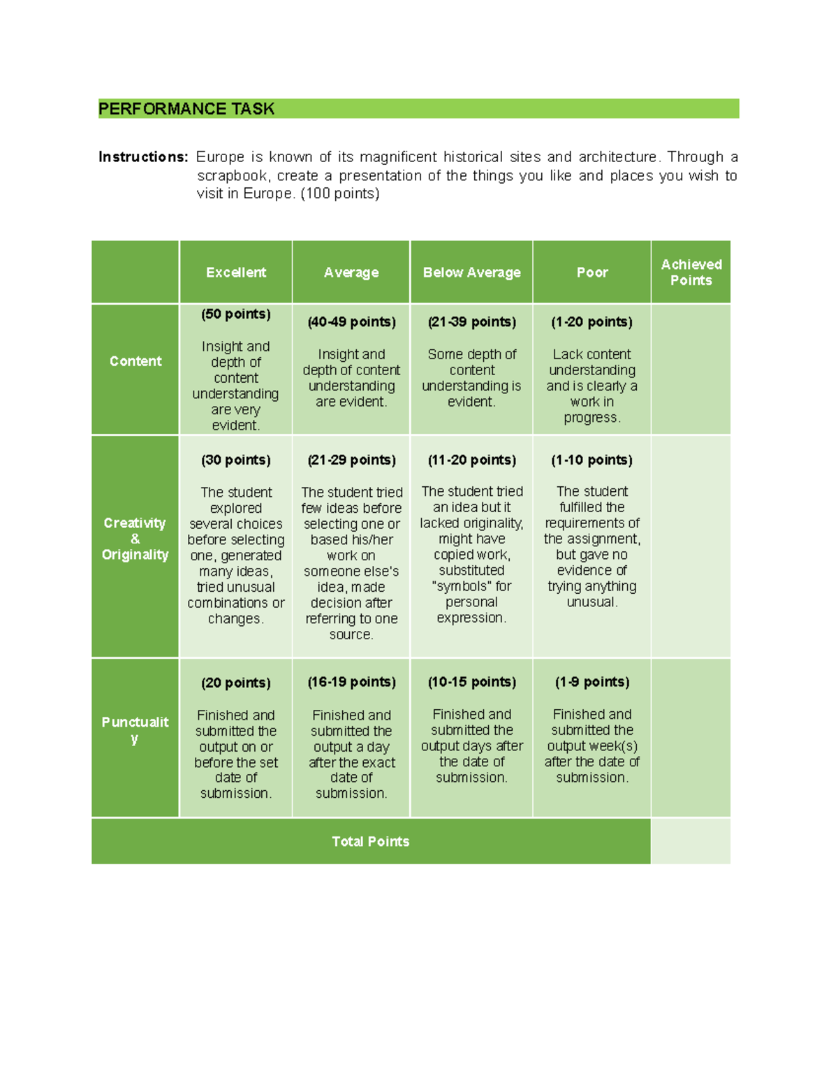 Performance TASK ( Module 7) - PERFORMANCE TASK Instructions: Europe is ...