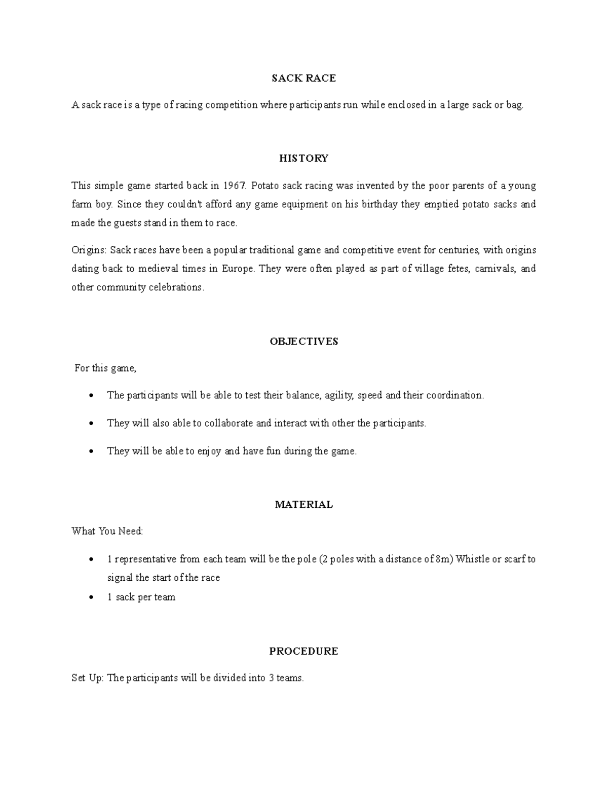 Sack race sports rules - SACK RACE A sack race is a type of racing ...