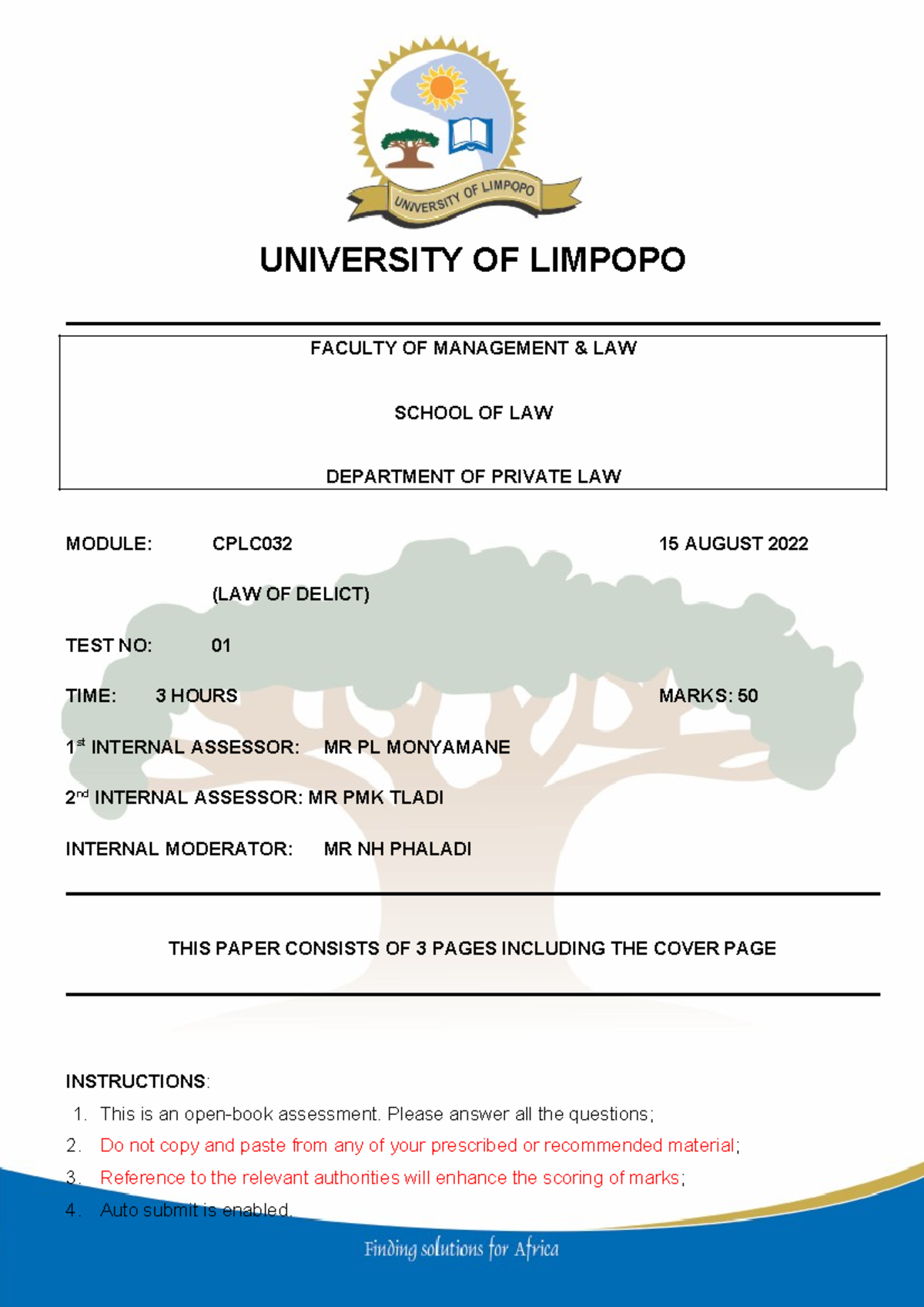 TEST 1 - Past paper to practice - UNIVERSITY OF LIMPOPO FACULTY OF ...