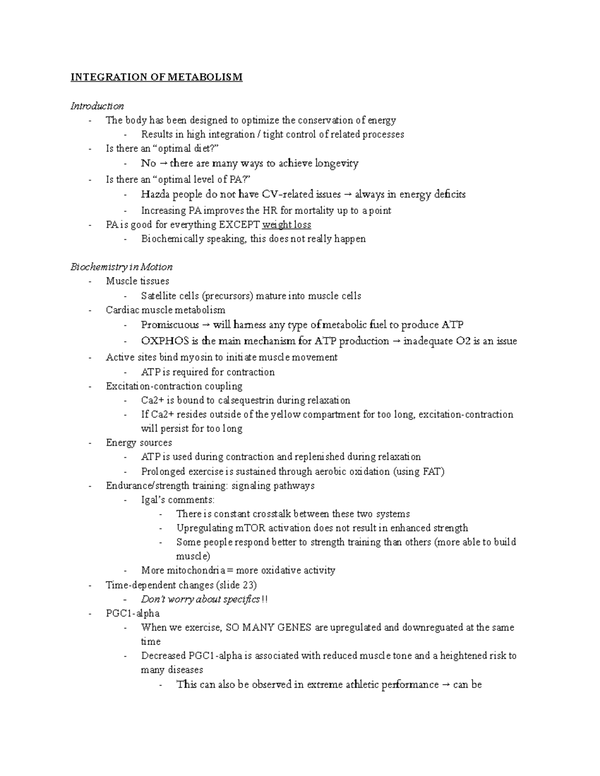 Metabolism Integration - INTEGRATION OF METABOLISM Introduction - The ...