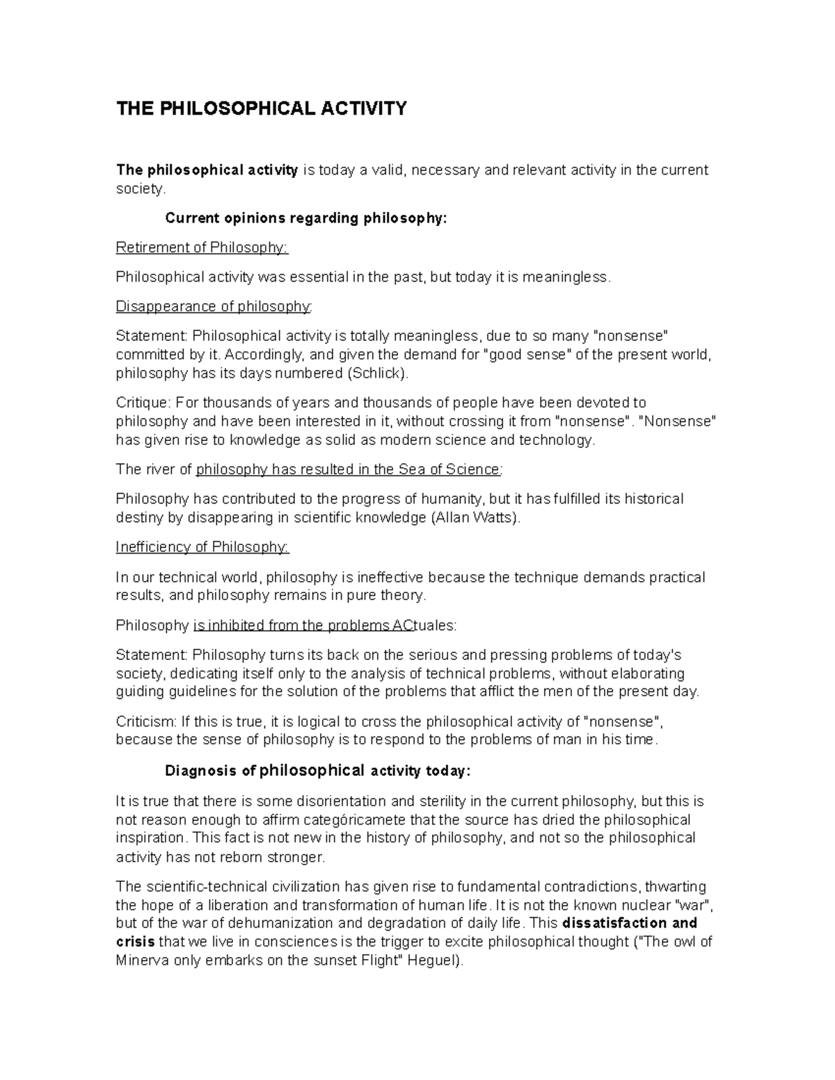 The philosophical activity - THE PHILOSOPHICAL ACTIVITY The ...