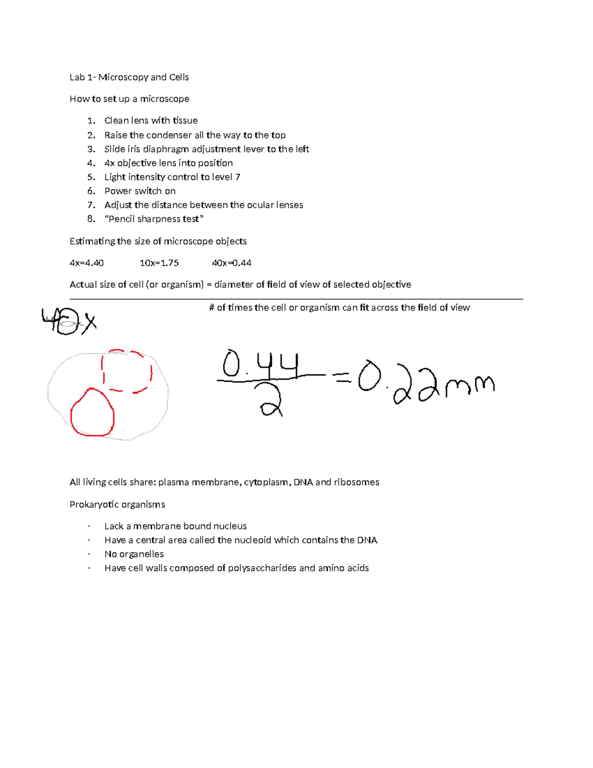 Bio lab 1 notes - based off of manual - Lab 1- Microscopy and Cells How ...