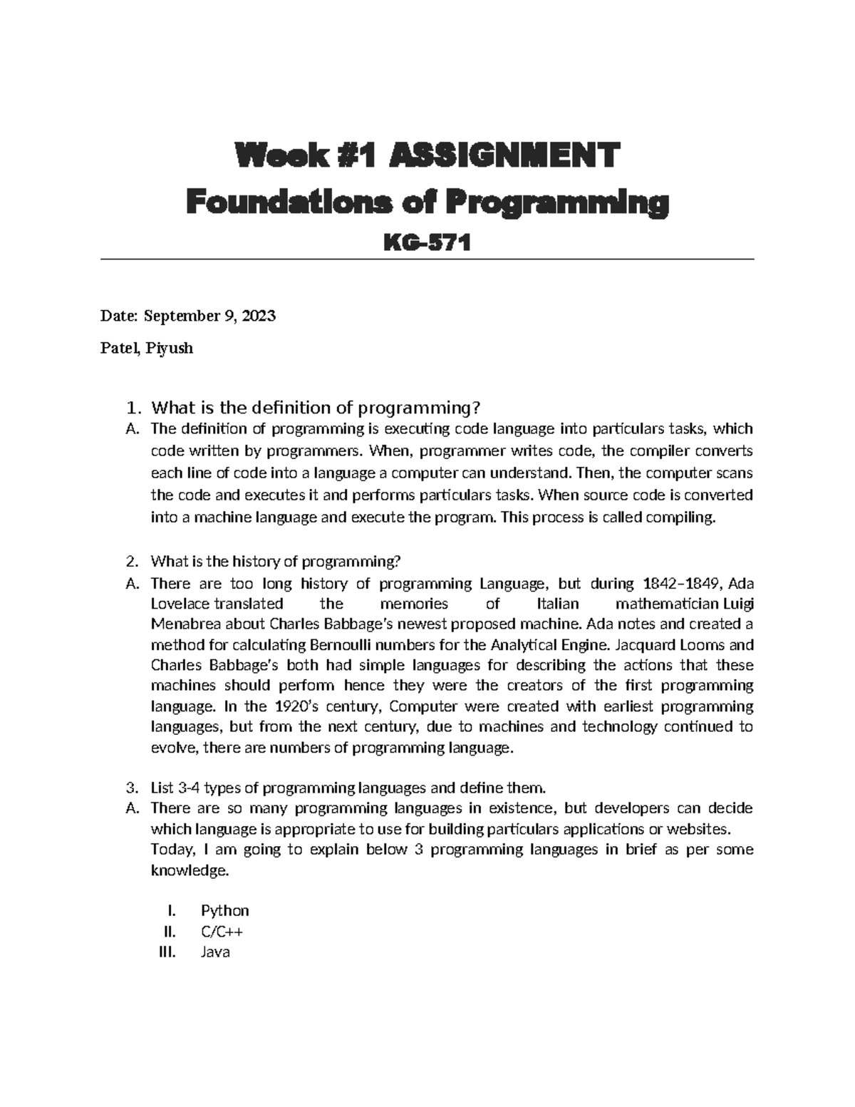 Week 1 Assignment Foundations Of Programming Sept 09 2023 Piyush Patel Week 1