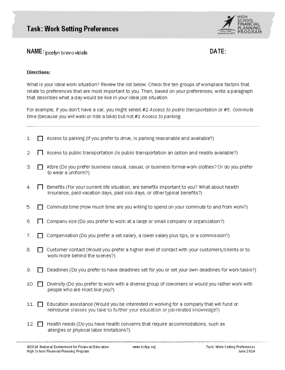 Unit 2 Lesson 4 Work Setting Preferences handout - Task: Work Setting ...