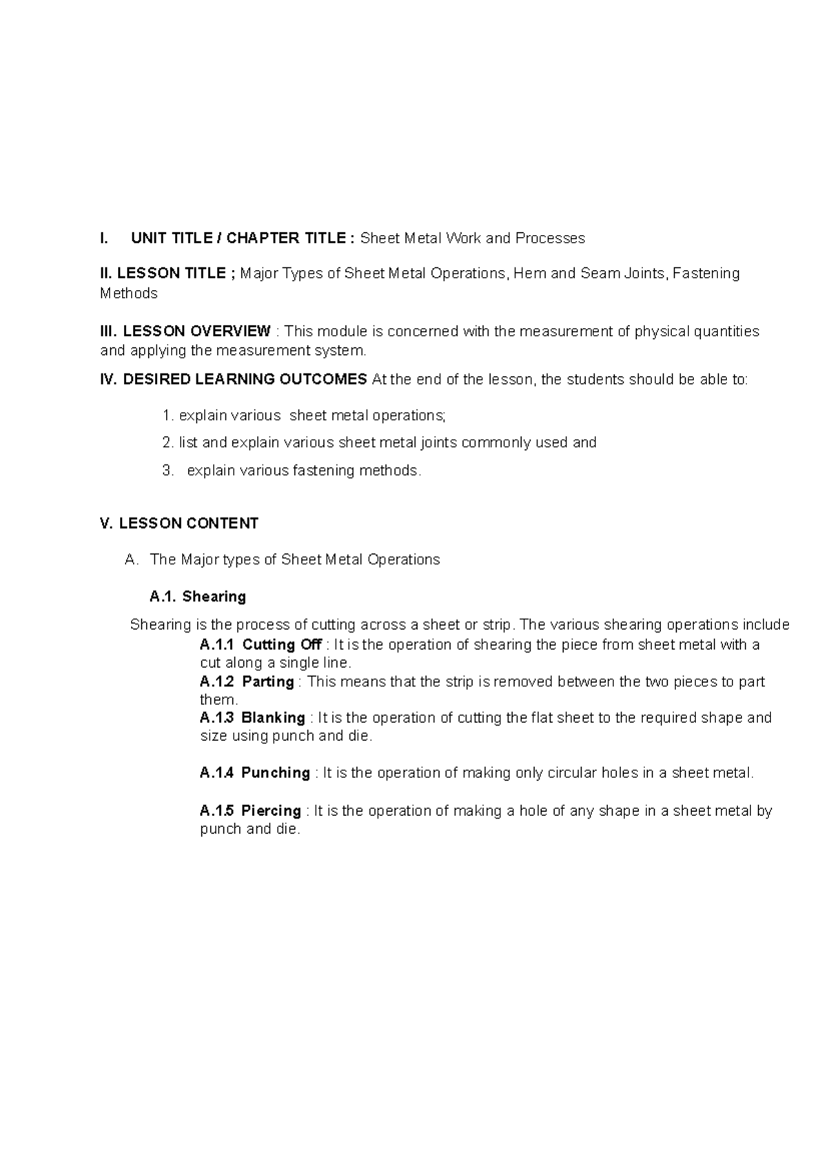 Module-6 - for your reference - I. UNIT TITLE / CHAPTER TITLE : Sheet ...