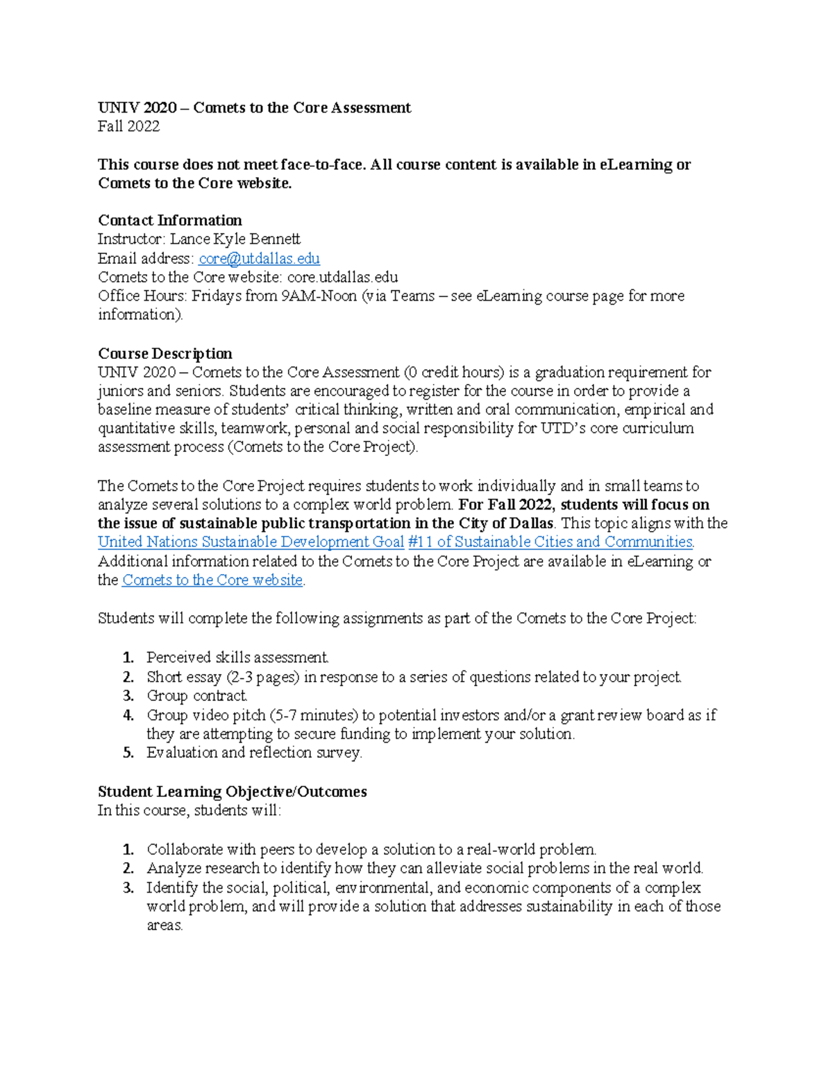 UNIV 2020 Comets to the Core Assessment Fall 2022 - Studocu