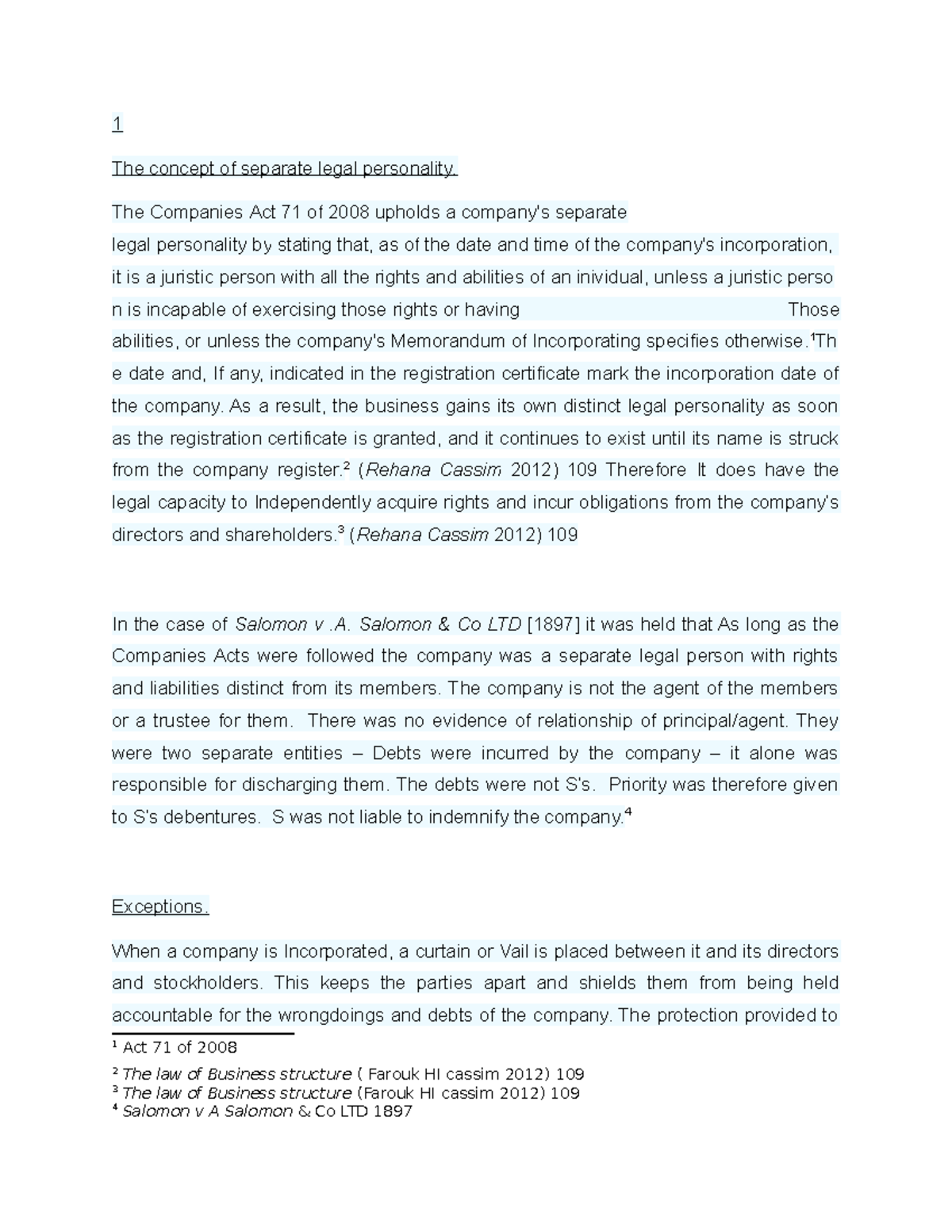 Business Entities - 1 The concept of separate legal personality. The ...