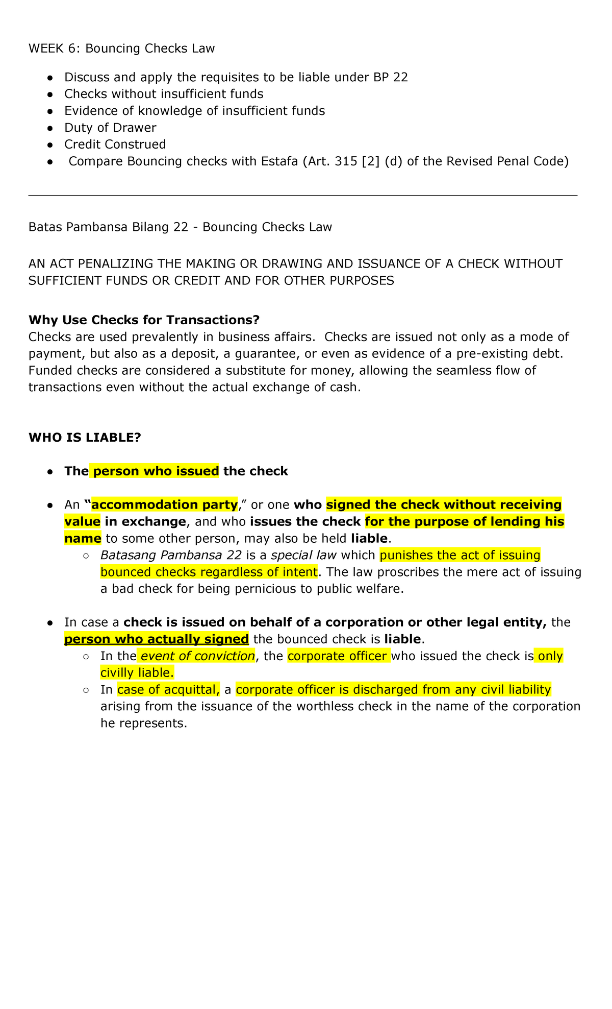 Business LAW - Bouncing Checks - WEEK 6: Bouncing Checks Law Discuss ...