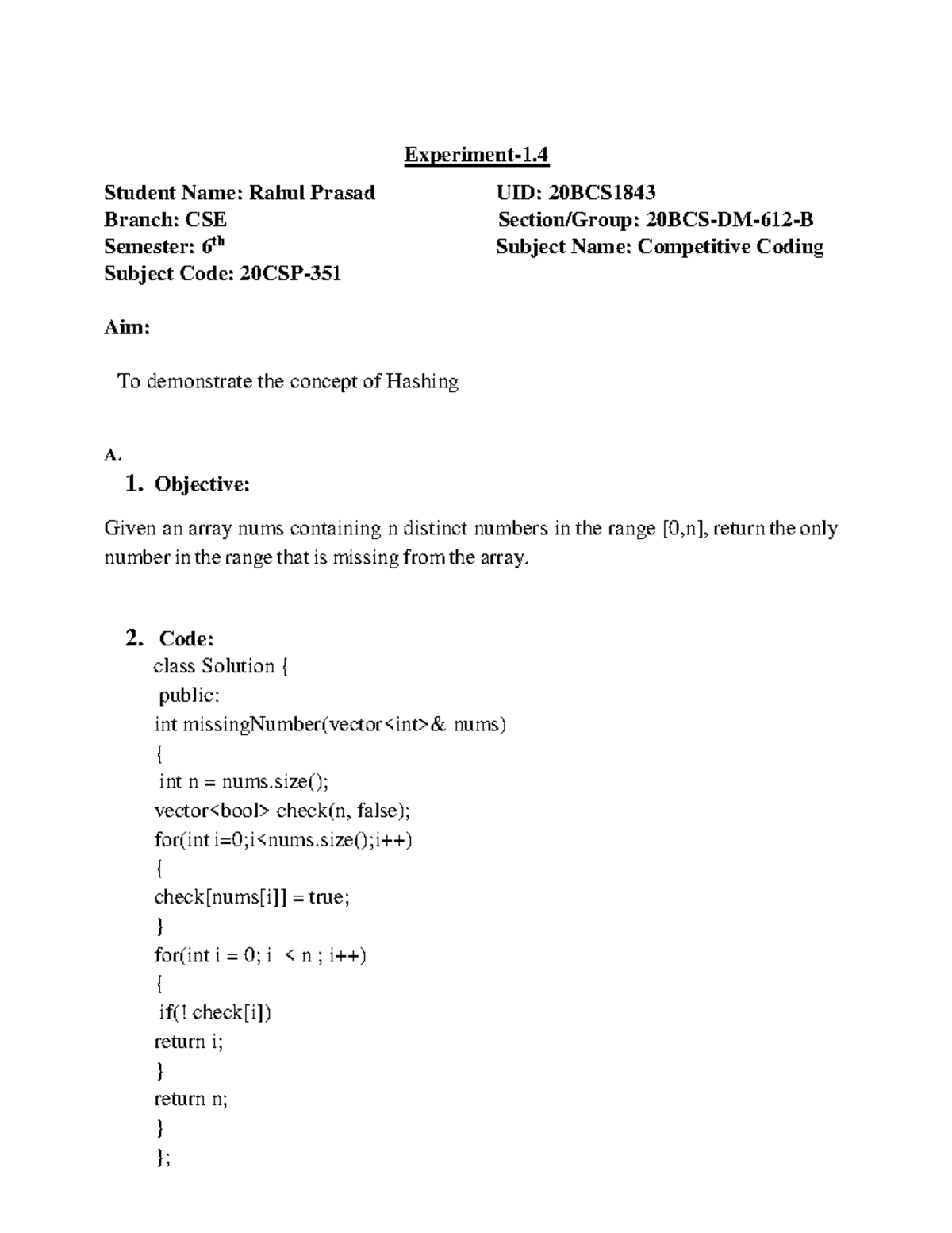 20BCS1843 CC 1 - Worksheet - Experiment-1. Student Name: Rahul Prasad UID: 20BCS Branch: CSE ...