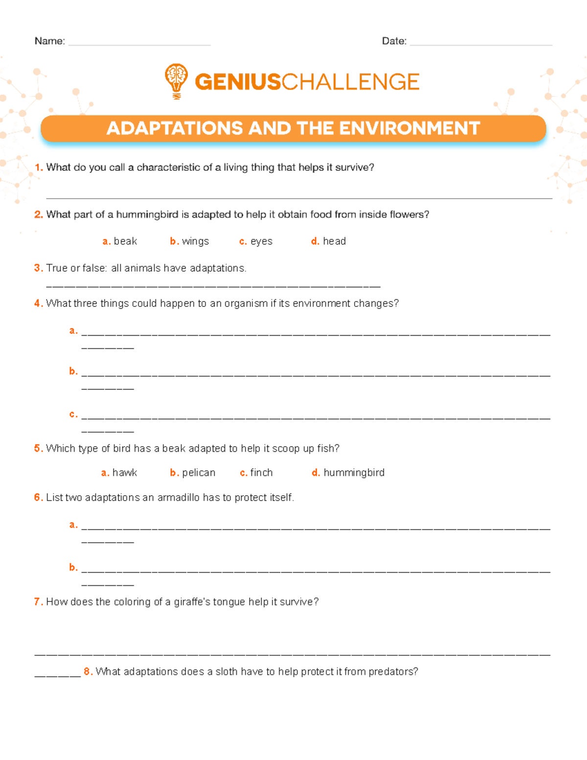 Adaptations-Worksheet-GG - a. beak b. wings c. eyes d. head 3. True or ...