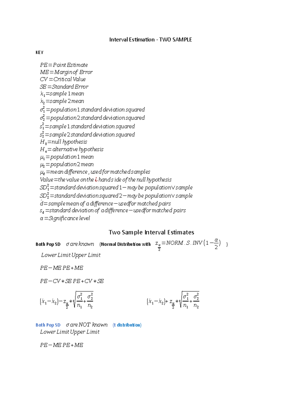 Cheat Sheet-Hypothesis Testing - TWO Sample - Interval Estimation - TWO ...