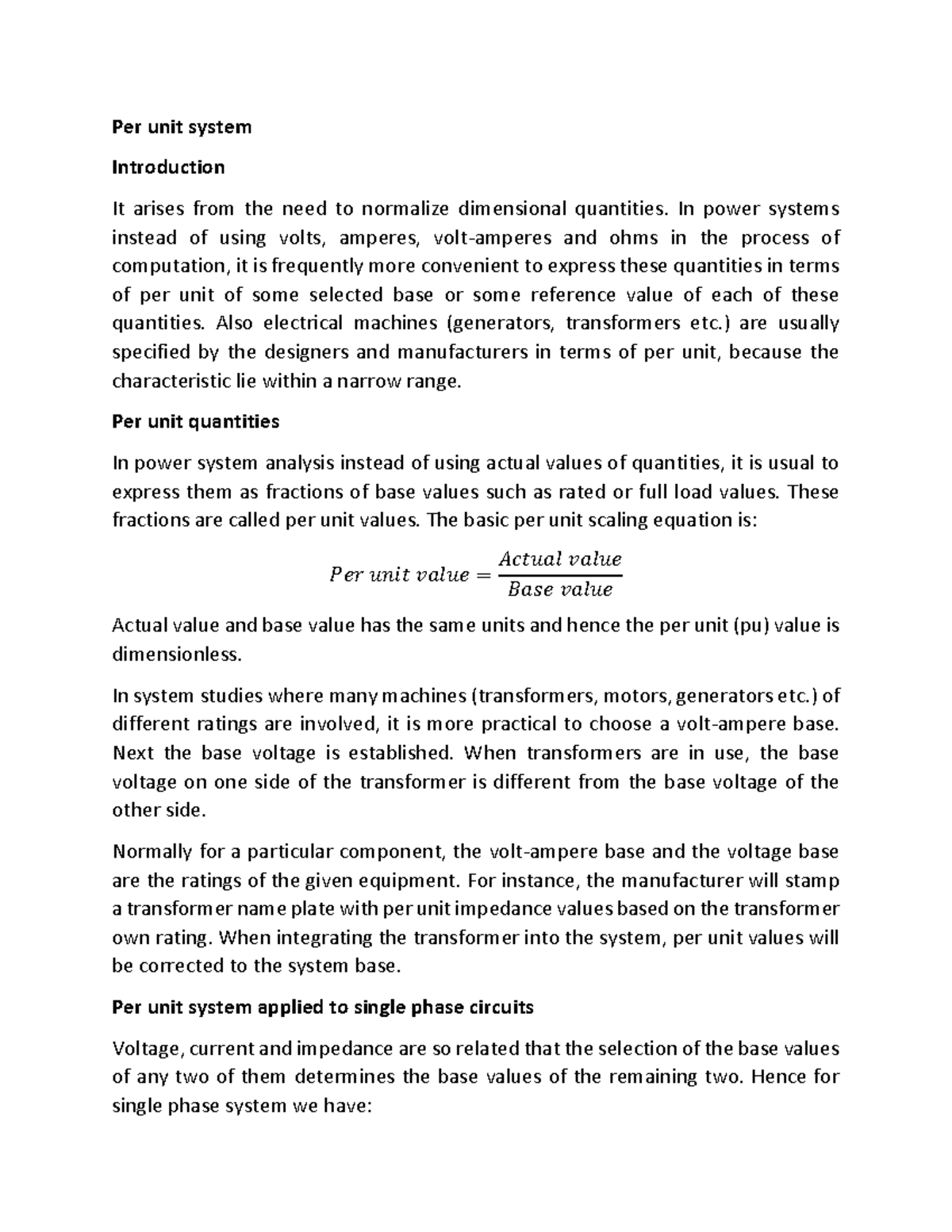 Per unit system - Per unit system Introduction It arises from the need to normalize dimensional ...