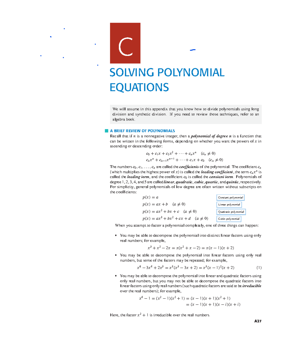 Math work ch-C - Math work - A C SOLVING POLYNOMIAL EQUATIONS We will ...