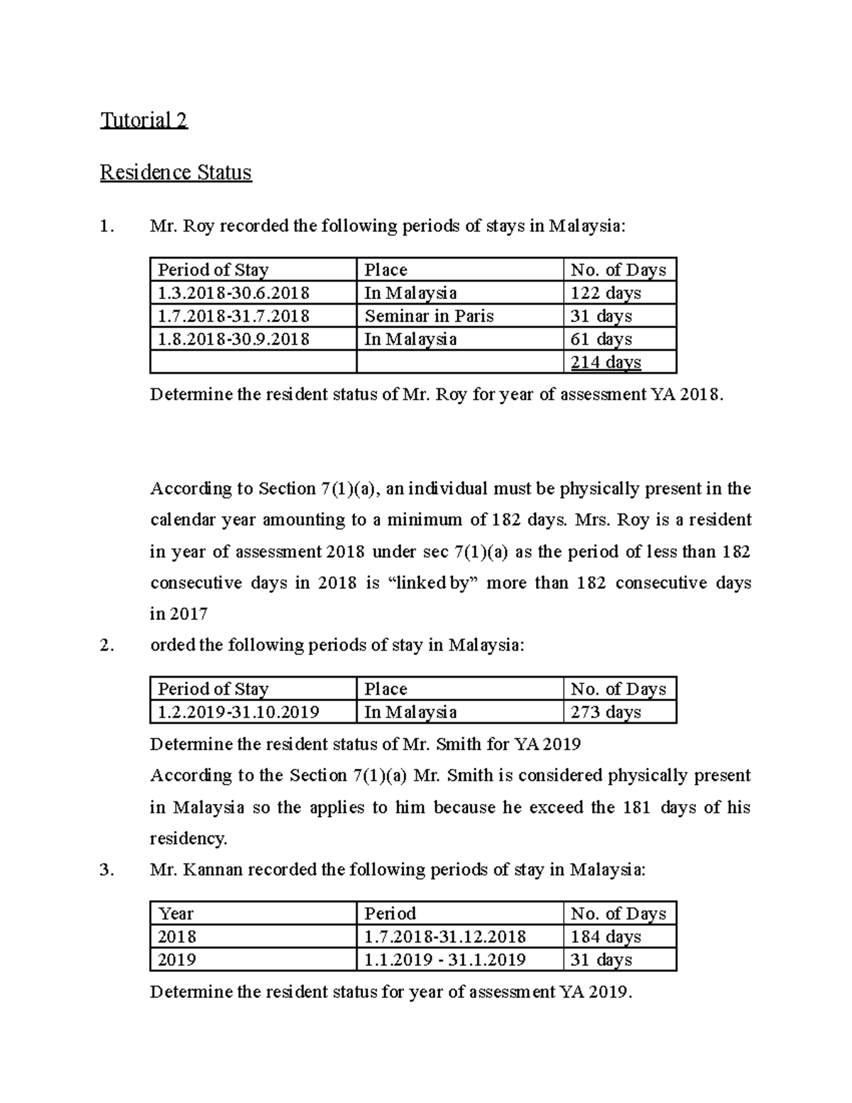 Tutorial 2 - Residence - question about the taxation - Tutorial 2 ...