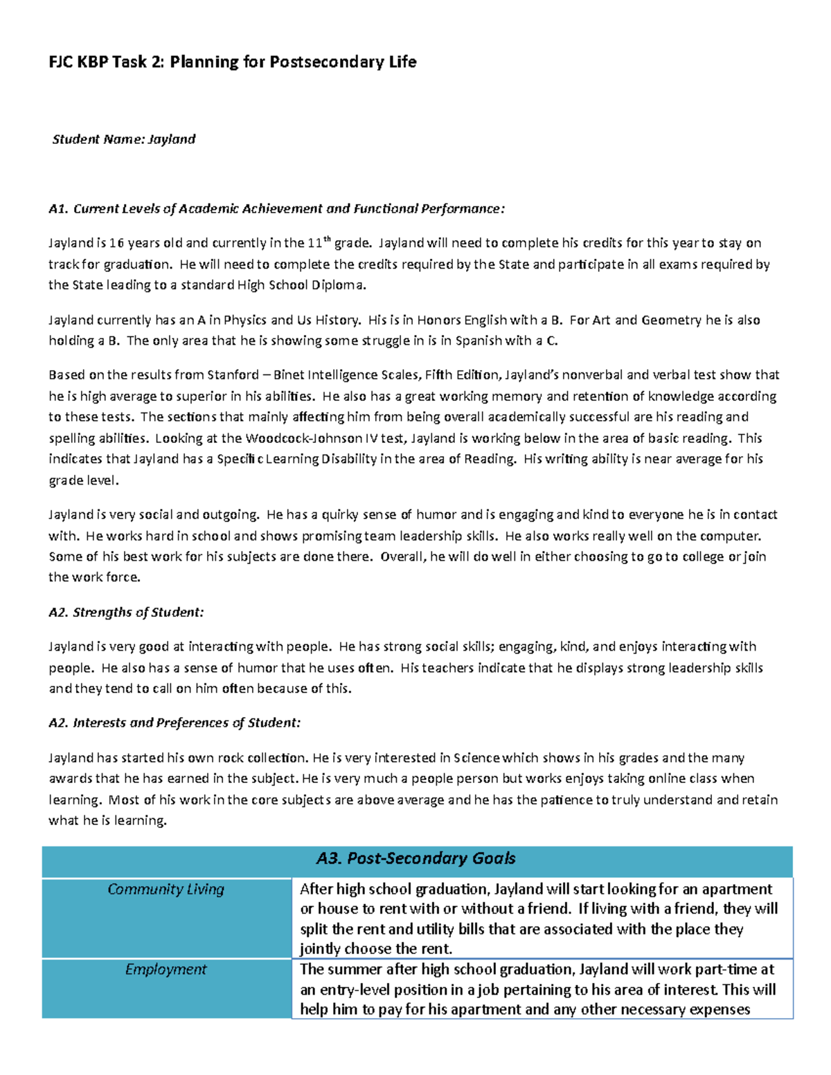 FJC KBP Task Transition planning Brauner Lisa - FJC KBP Task 2 ...