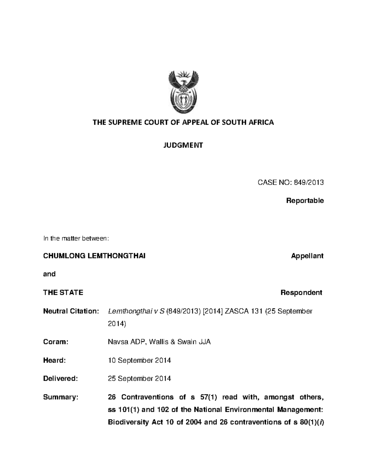 Lemthongthai v S SCA 2014 - THE SUPREME COURT OF APPEAL OF SOUTH AFRICA ...