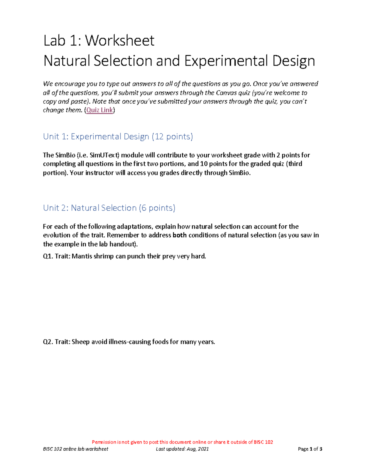 Lab 1 Worksheet - Natural Selection and Experimental Design - BISC 102 ...