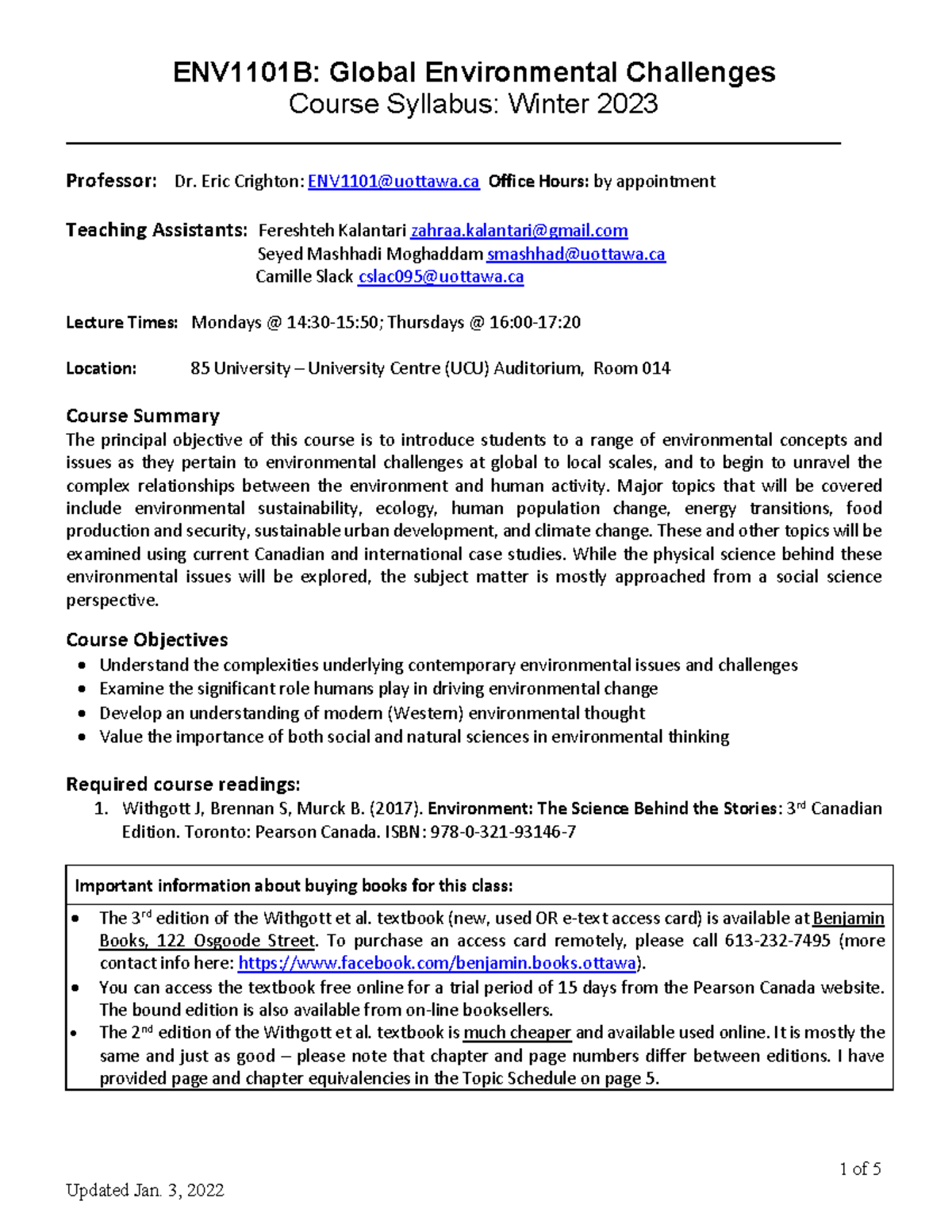 Syllabus ENV1101 2023 Jan 3 - 1 of 5 ENV1101B: Global Environmental ...