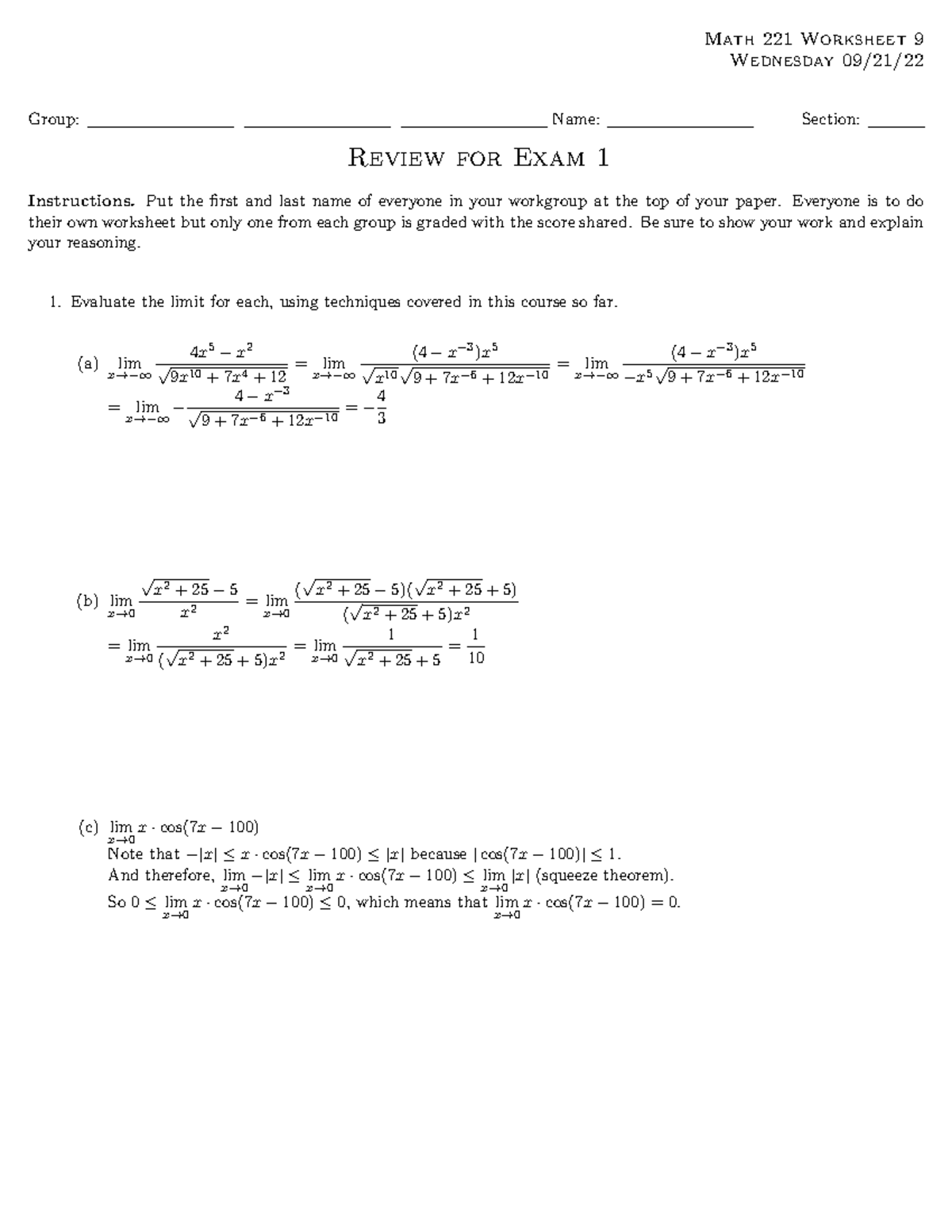 WS09 092122 sols - Solution for Worksheet 9 - Math 221 Worksheet 9 Wednesday 09/21/ Group: Name ...