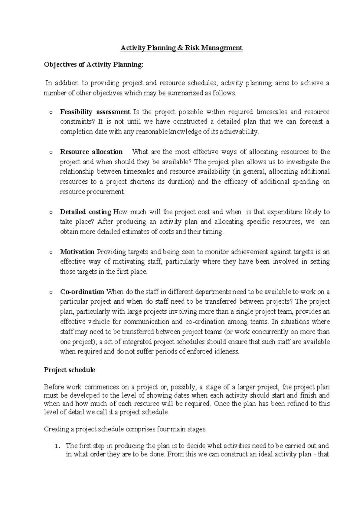 Spm unit3 - Activity Planning & Risk Management Objectives of Activity ...