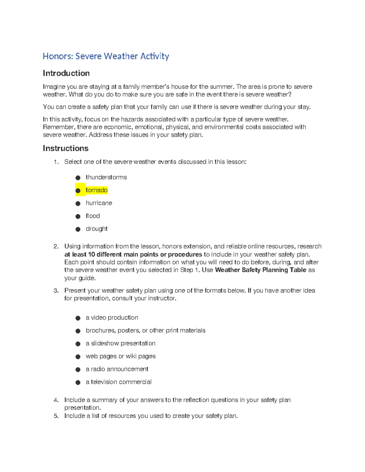 Copy of 2.05 Severe Weather Honors Instructions - Honors: Severe ...