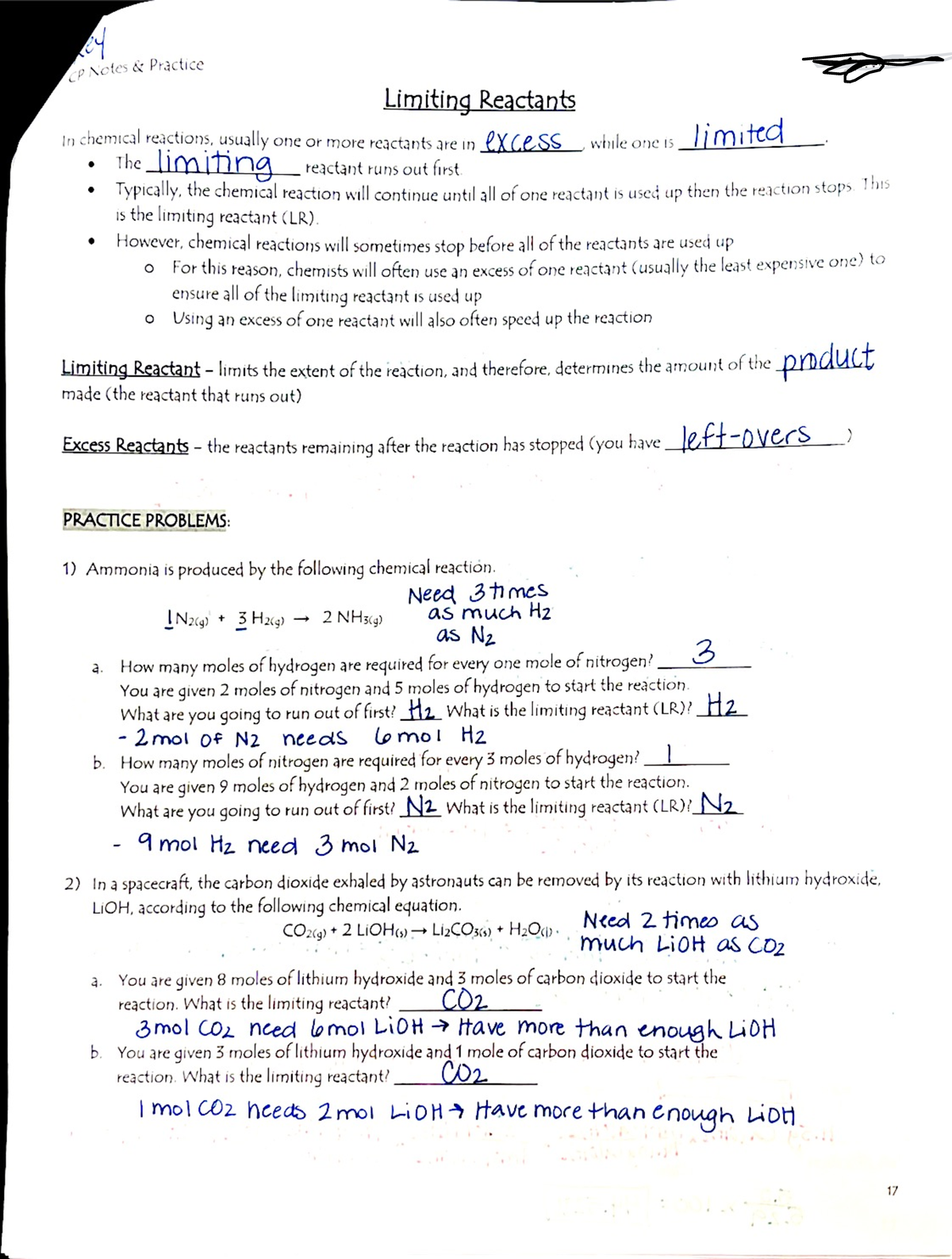 KEY CP Limiting Reactant Notes - CP Notes Practice Limiting Reactants ...