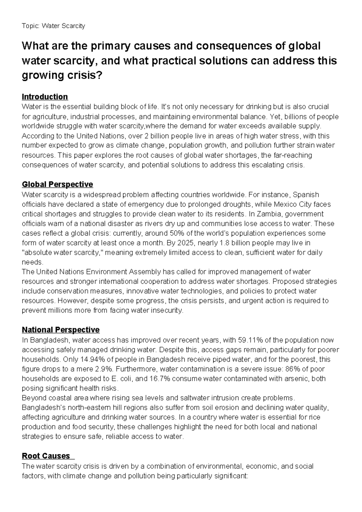 Topic Water Scarcity Research Paper - Topic: Water Scarcity What are ...