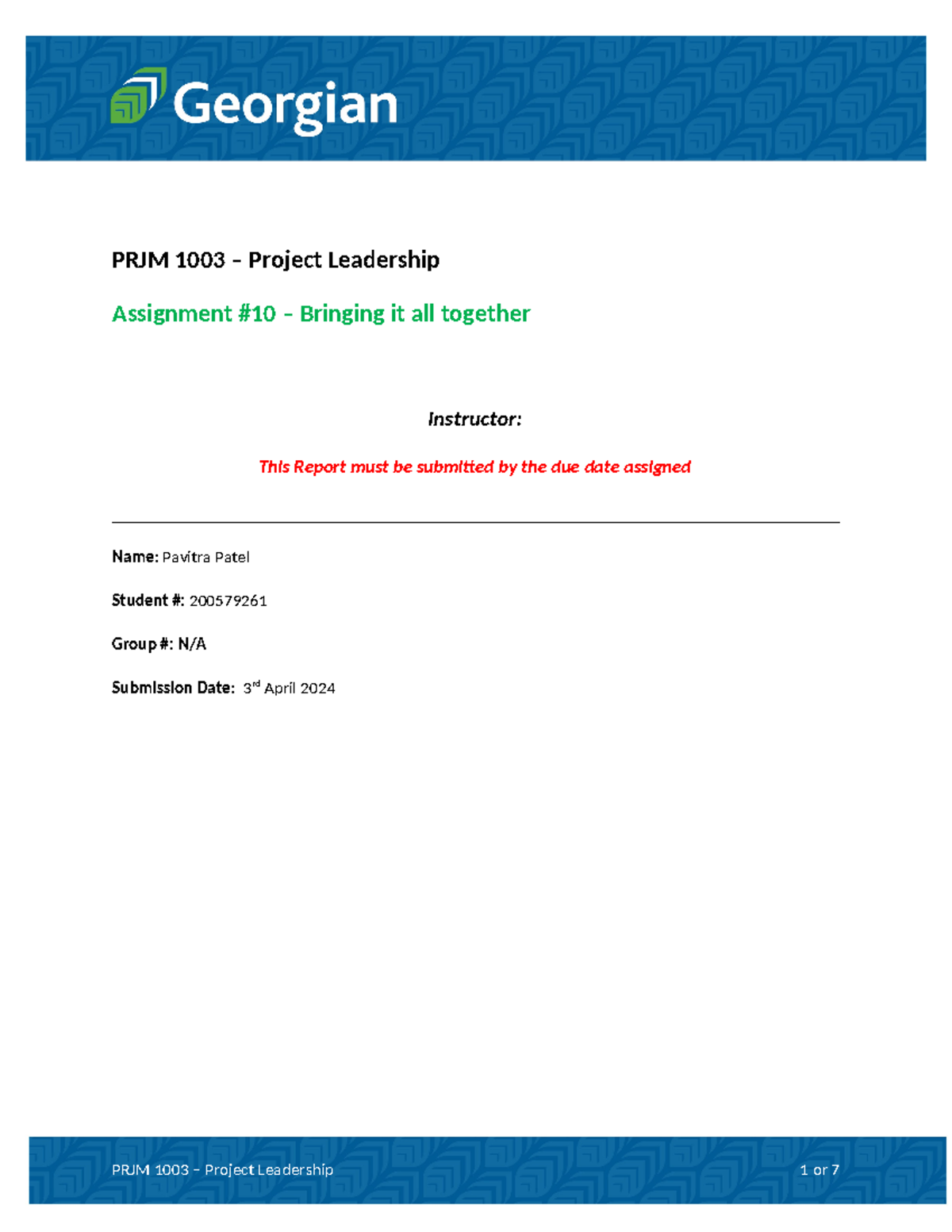 Leadership Assigment Notes from gerogian college - PRJM 1003 – Project ...