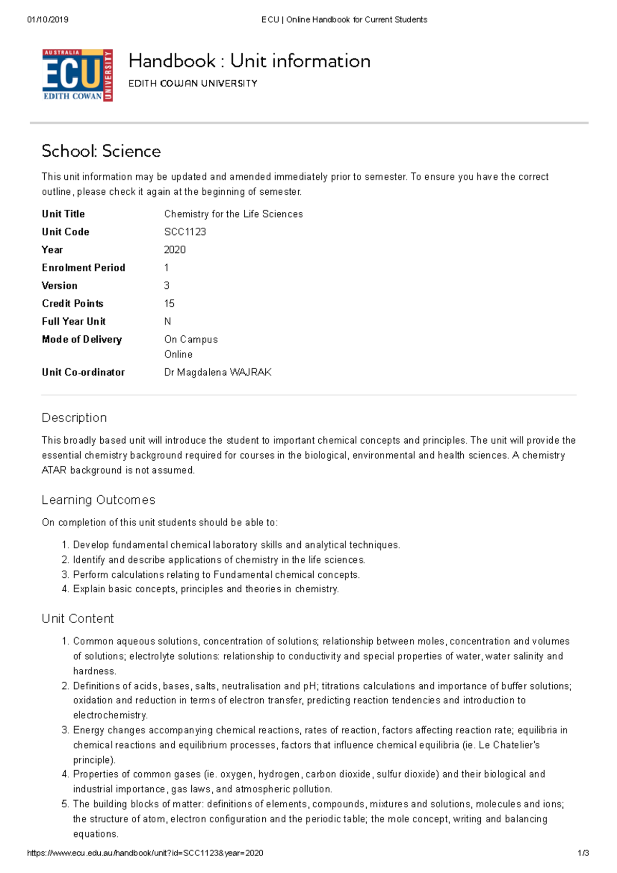 ECU Chemistry for the Life Sciences - 01/10/2019 ECU | Online Handbook ...
