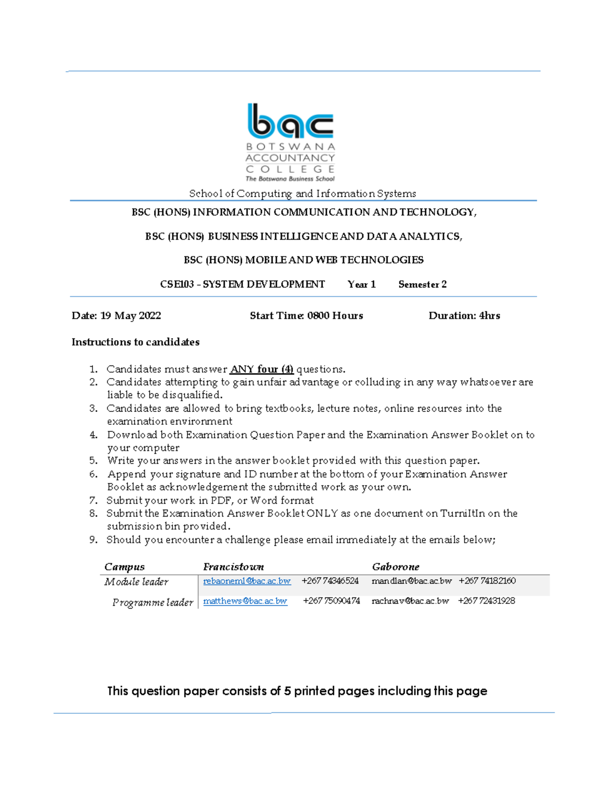 SD Final exam - School of Computing and Information Systems BSC (HONS) INFORMATION COMMUNICATION ...