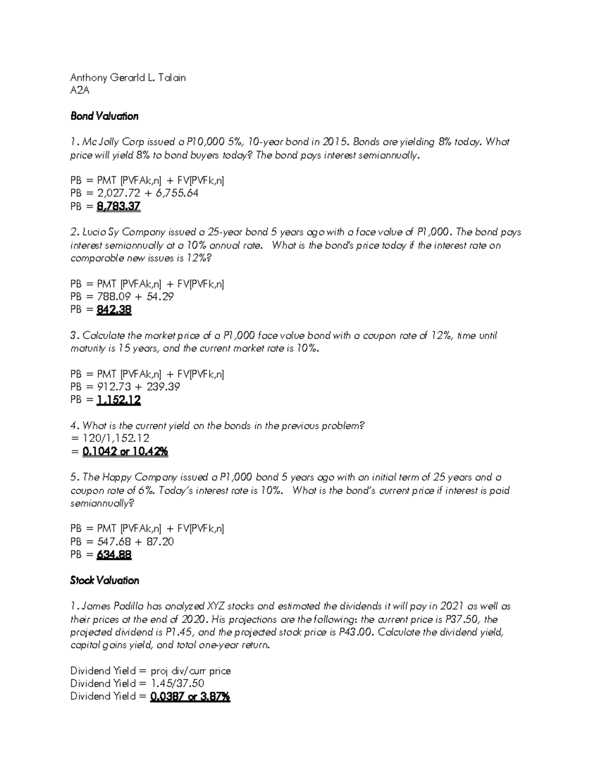 Talain Valuation of Bonds and Stocks - Psychology - La Sallian - Studocu