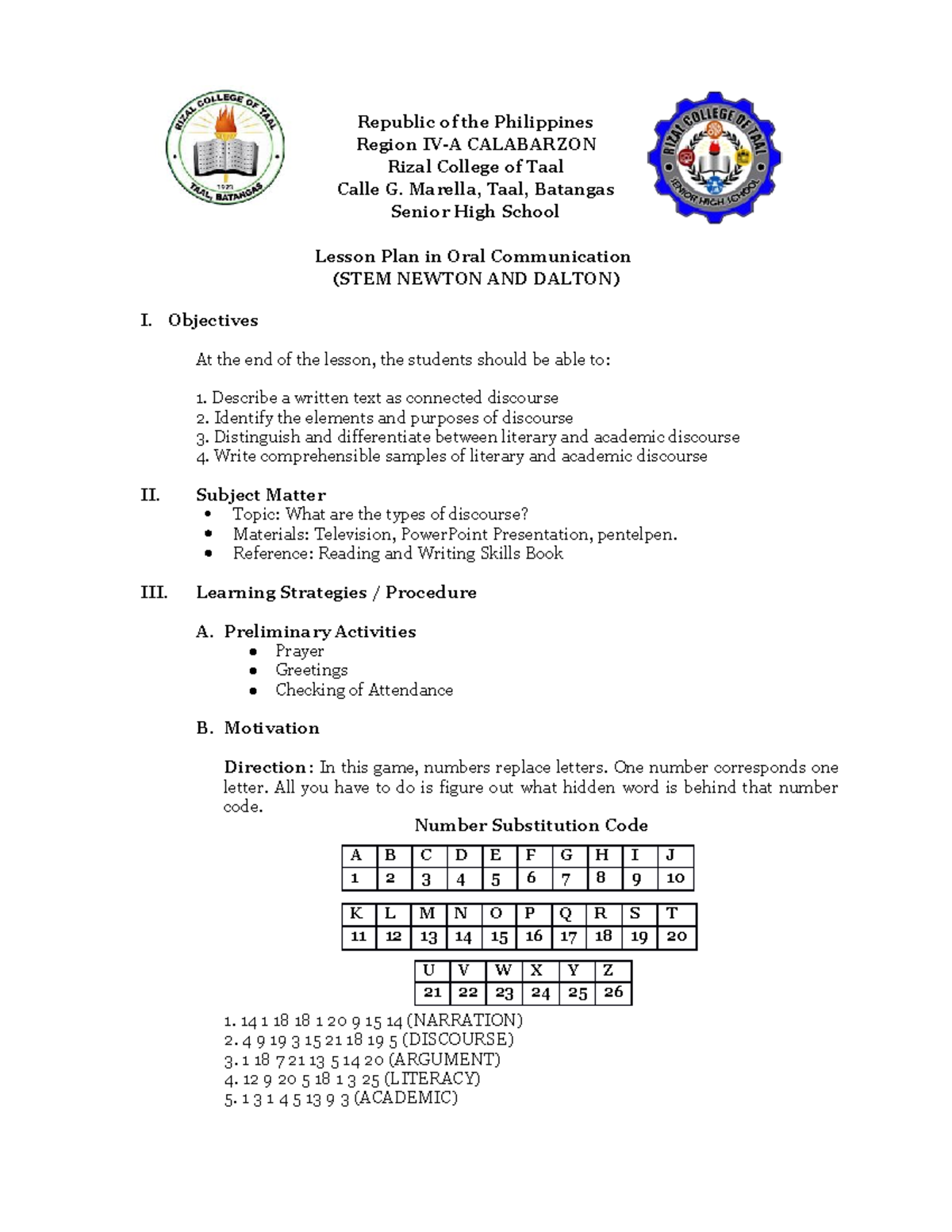 LP1(RWS) - Lesson plan in Reading and Writing skills - Republic of the ...