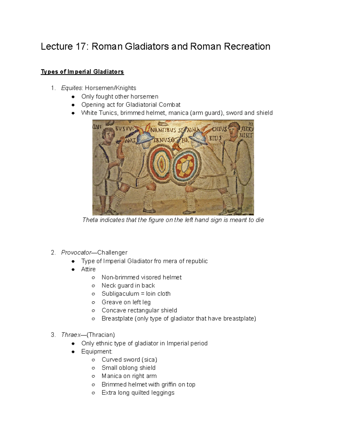 Lecture Notes 17/18 - Lecture 17: Roman Gladiators and Roman Recreation ...
