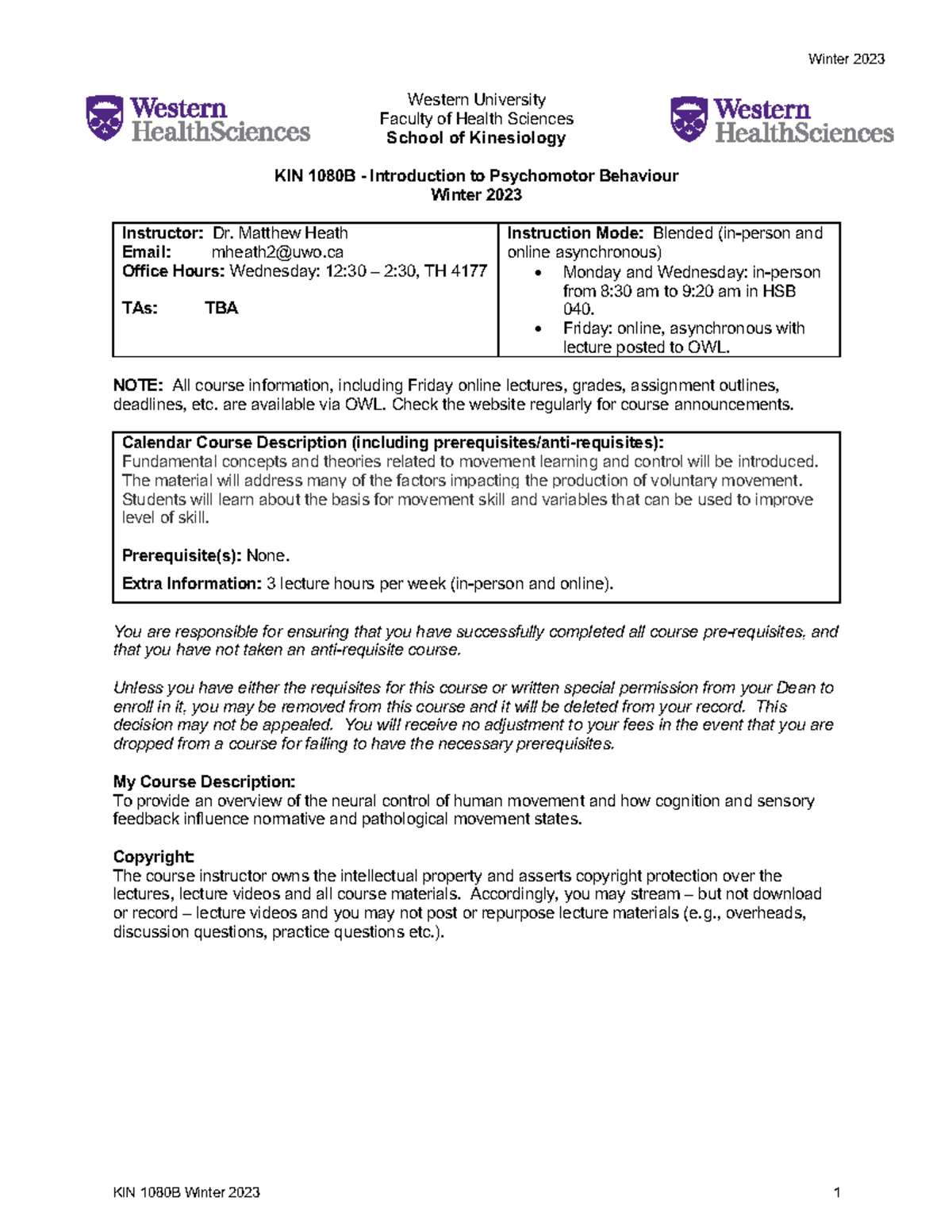 KIN 1080 Course Outline 2023 Jan 8 - Western University Faculty of ...