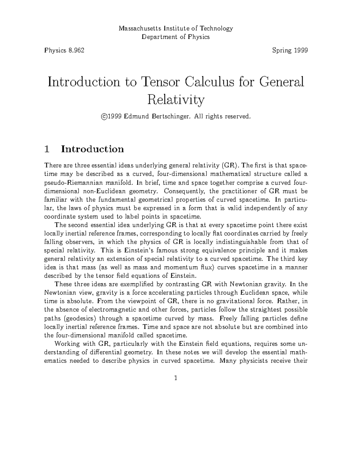 Introduction to Tensor Calculus for General Rel. - Massachusetts ...