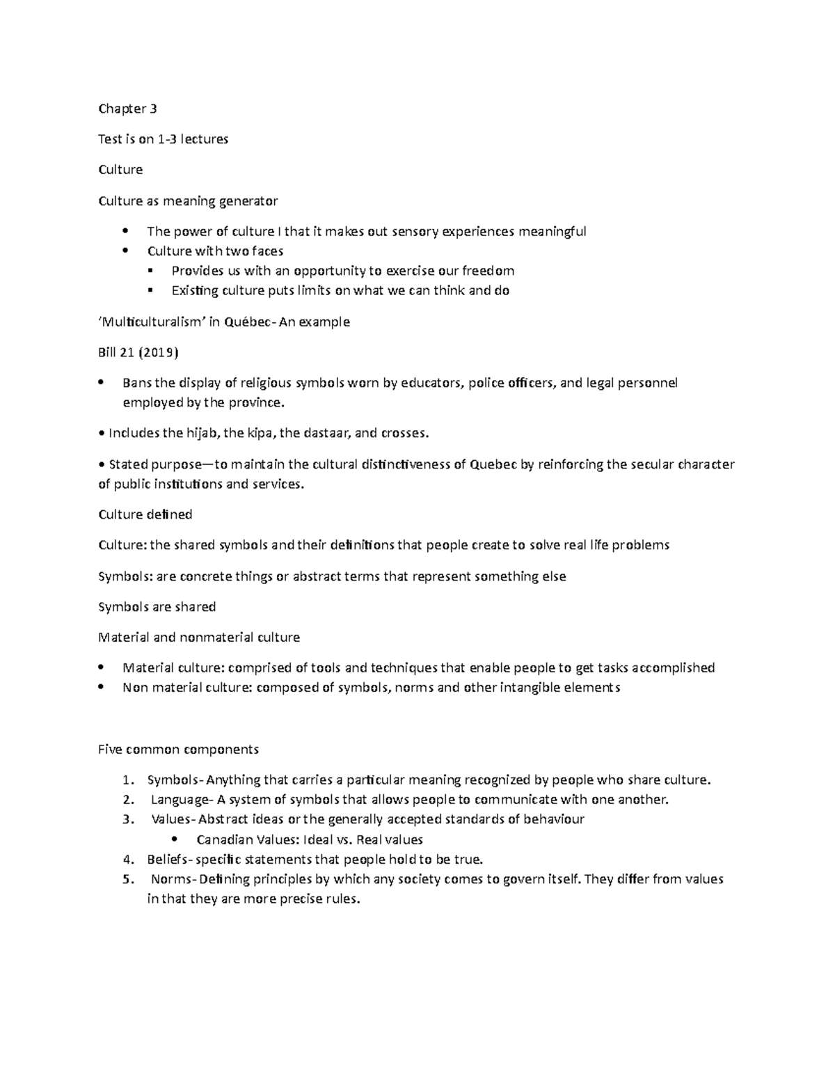 Chapter 3 - NOTES - Chapter 3 Test is on 1-3 lectures Culture Culture ...