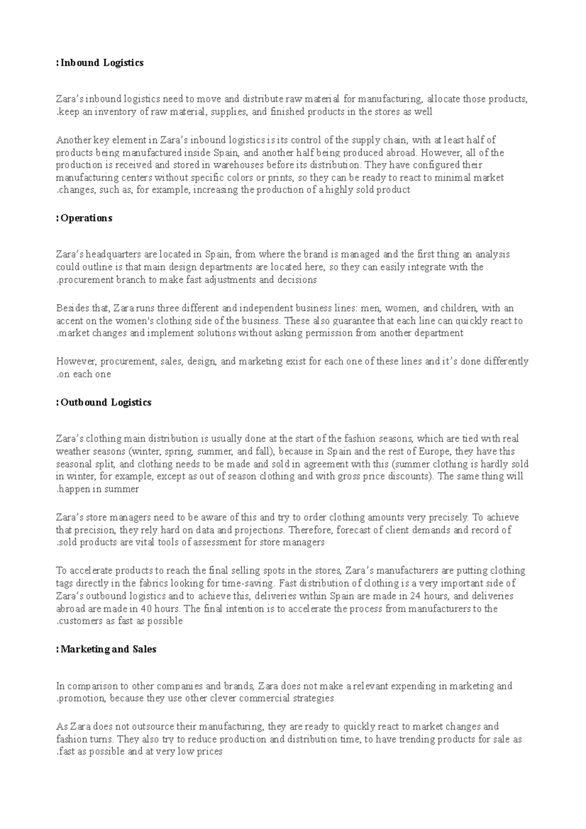 Value chain 2 - :Inbound Logistics Zara’s inbound logistics need to ...