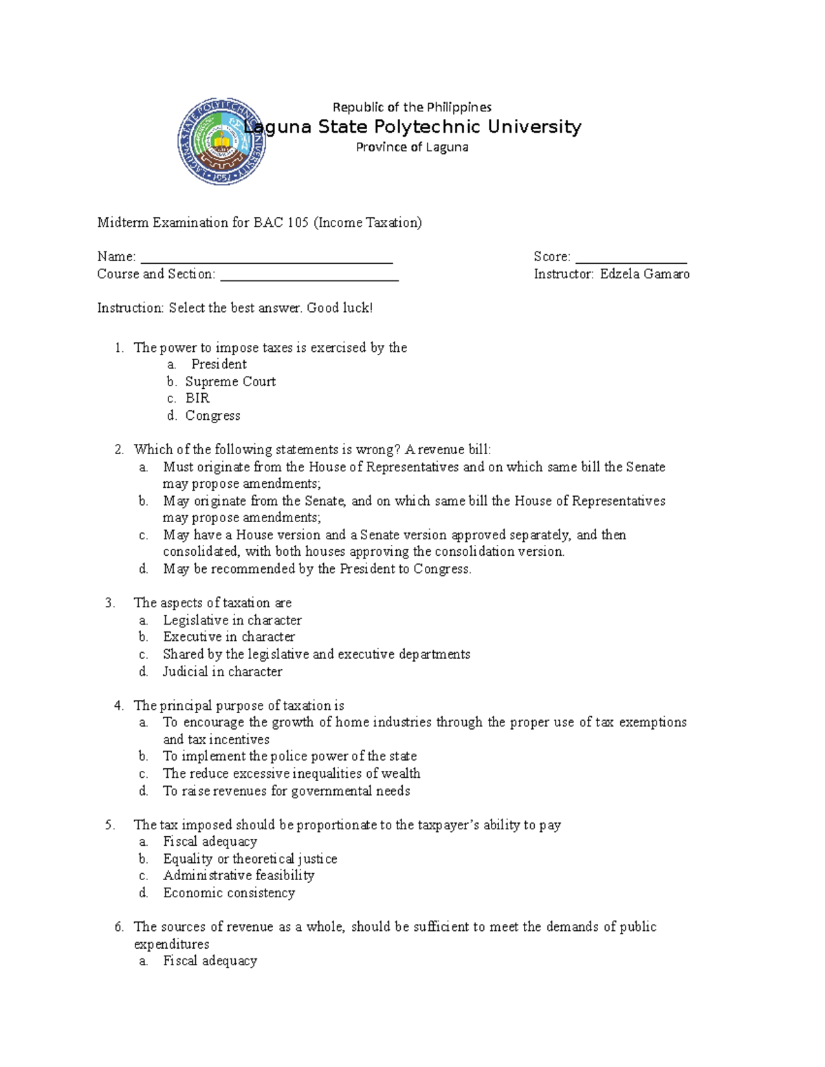 Midterm Examination Income Taxation - Republic of the Philippines ...