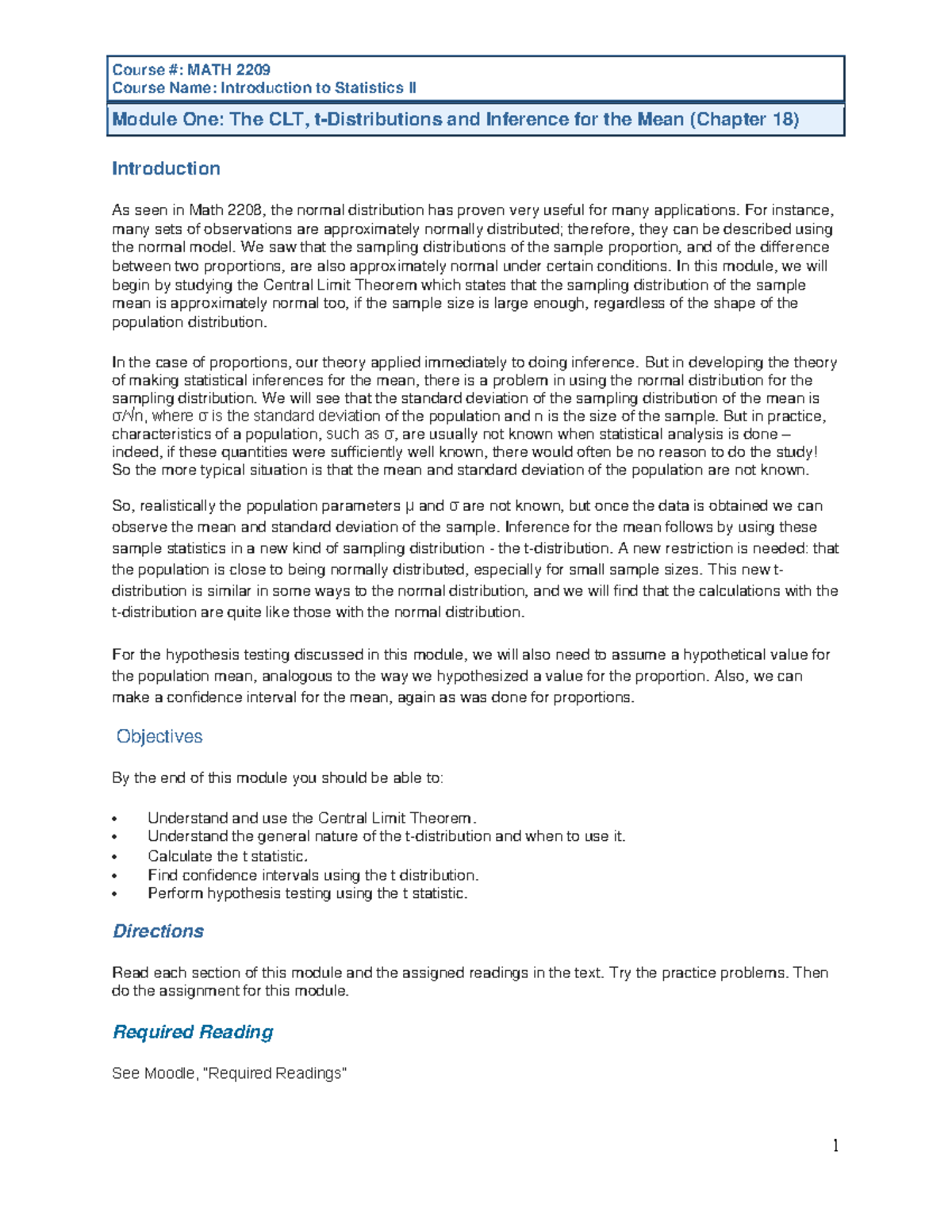 Module 01 Intro - Textbook and worksheet handouts - Course #: MATH 2209 ...