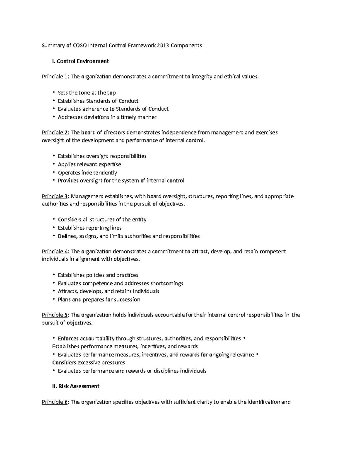 Summary of COSO Internal Control Framework Components - Summary of COSO ...