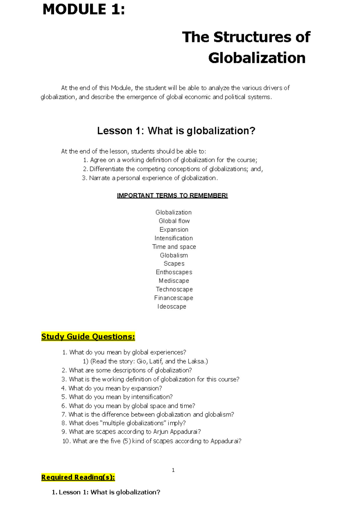 Lesson-1 - contempo - MODULE 1: The Structures of Globalization At the end of this Module, the ...