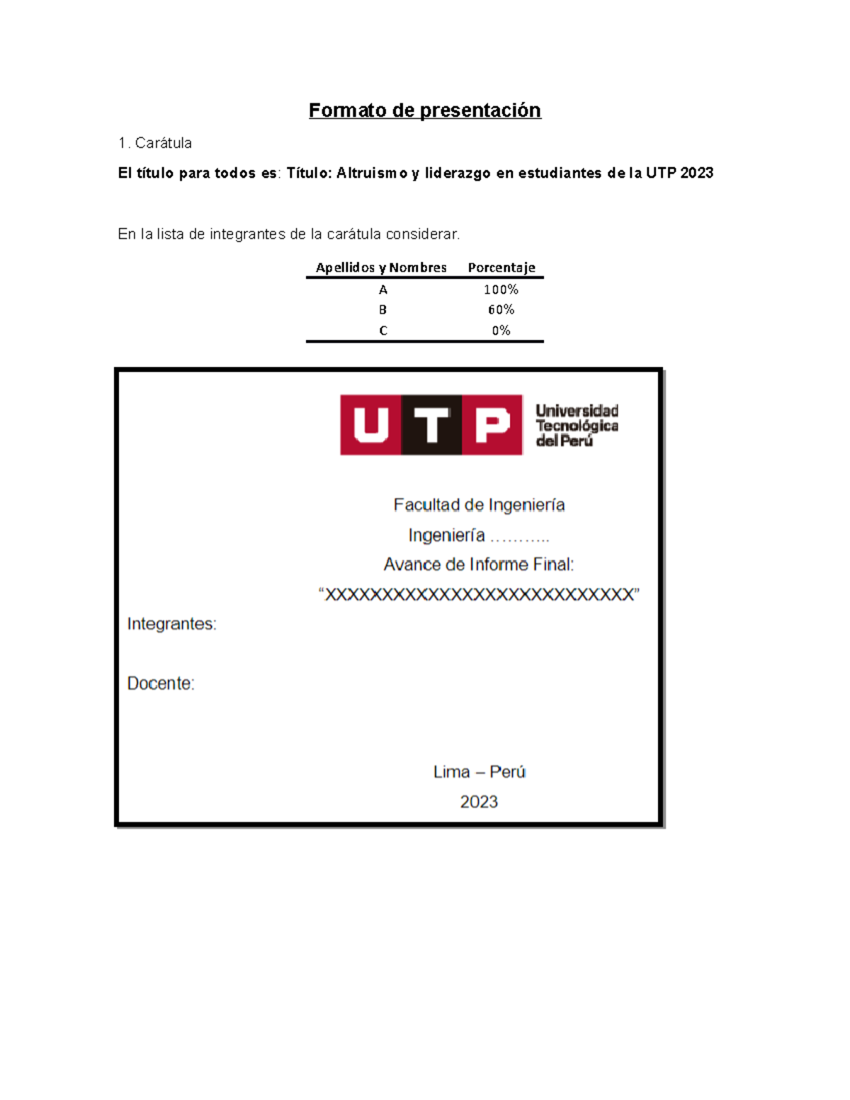 Avance de informe - Formato de presentación Carátula El título para ...