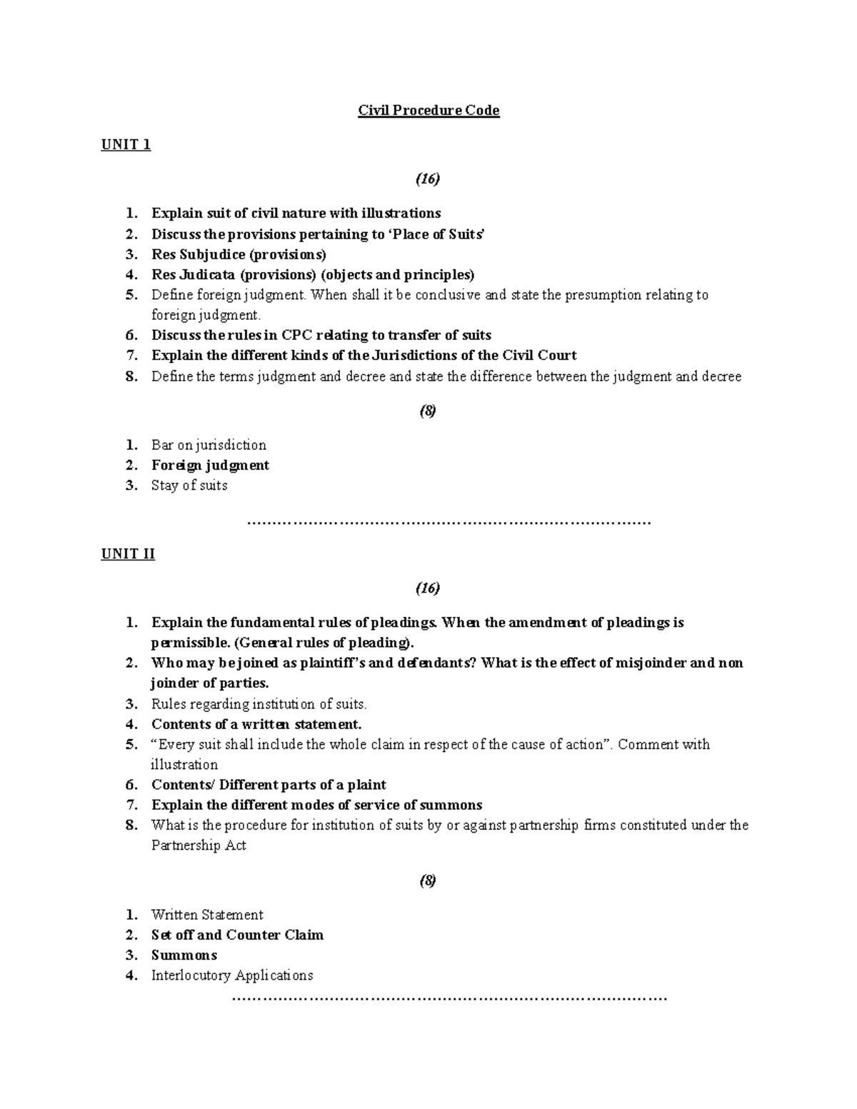 Civil Procedure Code Questions Civil Procedure Code UNIT 1 16