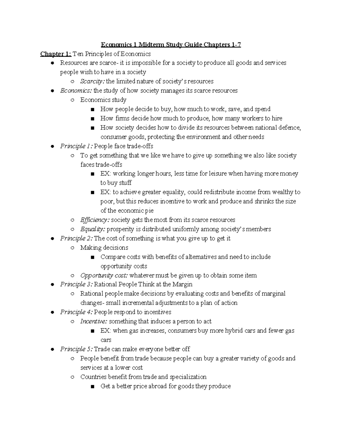 Econ 1 Study Guide - Economics 1 Midterm Study Guide Chapters 1- Chapter 1: Ten Principles of ...