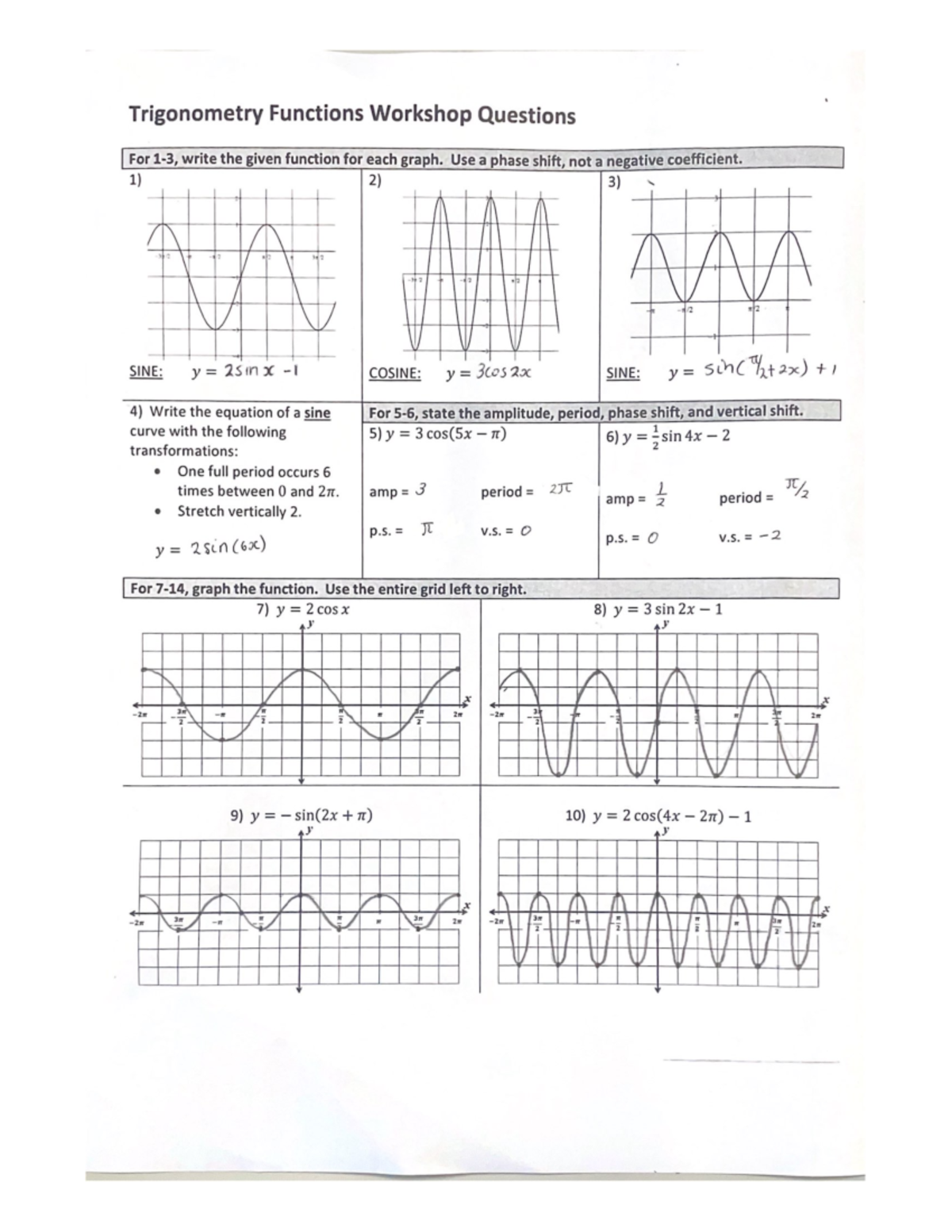 Trigonometry Functions Workshop Questions - Use a phase shift, not a ...