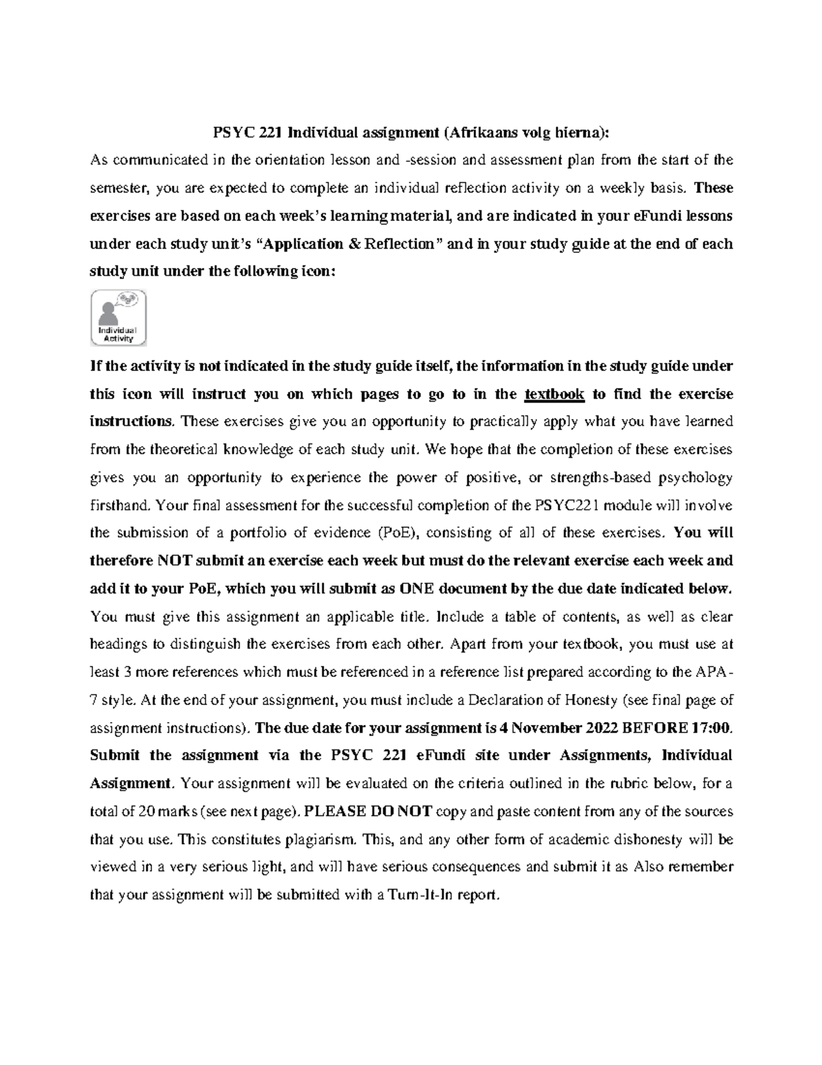 Individual assignment psyc 221 - PSYC 221 Individual assignment (Afrikaans volg hierna): As ...