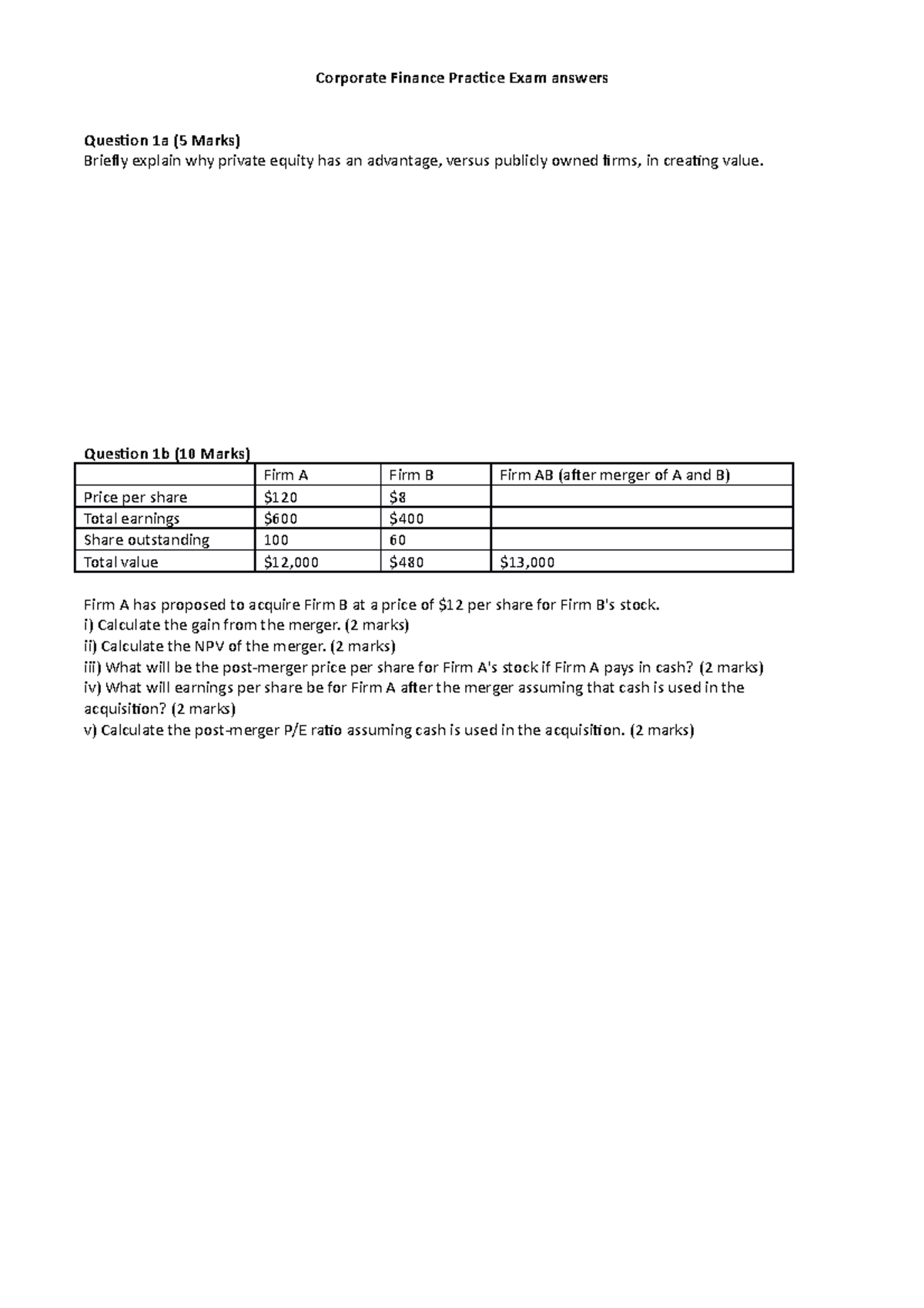 Final 1 2018, questions - Corporate Finance Practice Exam answers ...