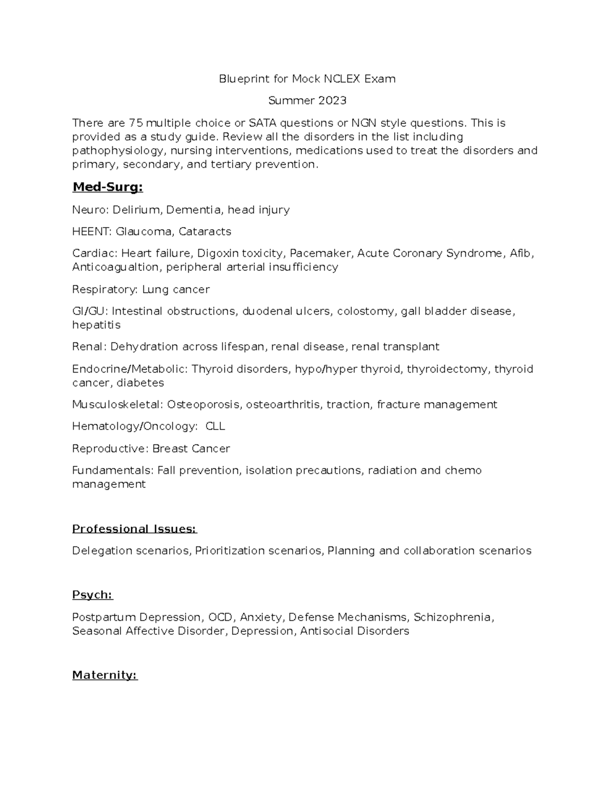 Blueprint for Mock Nclex Exam - Blueprint for Mock NCLEX Exam Summer ...