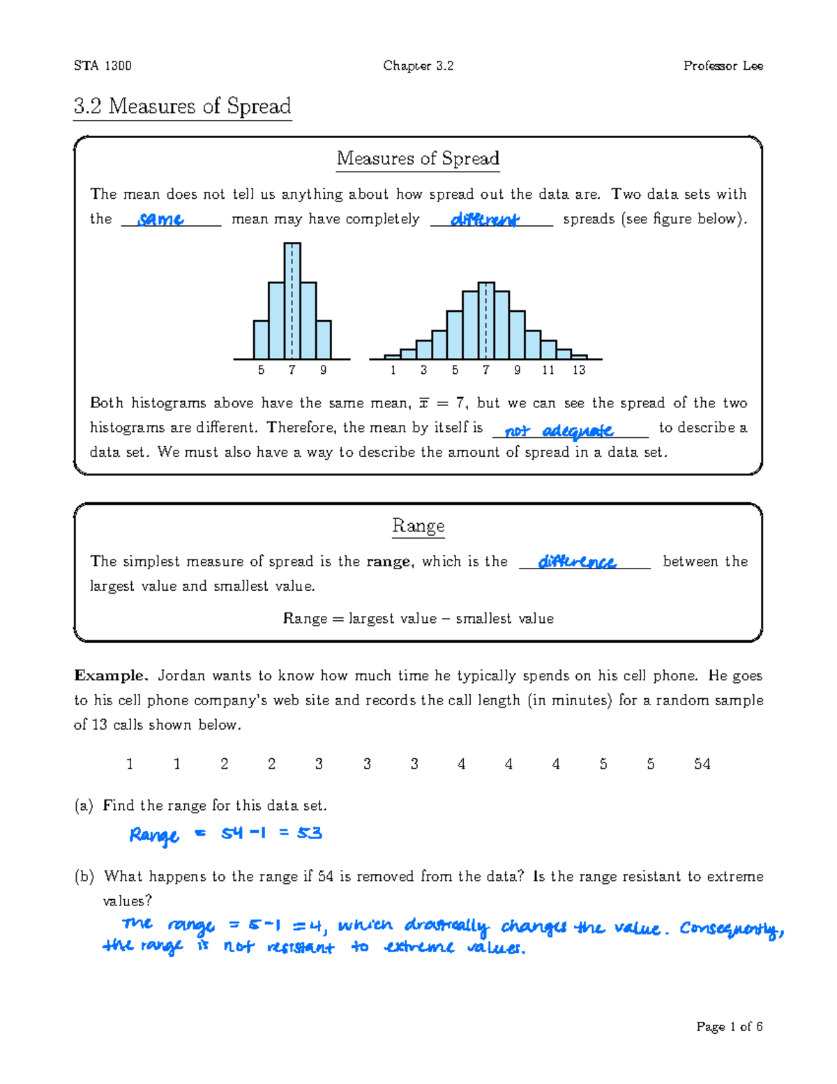 3.2 Handout - Biostatistics- Professor Lee - 3 Measures of Spread ...