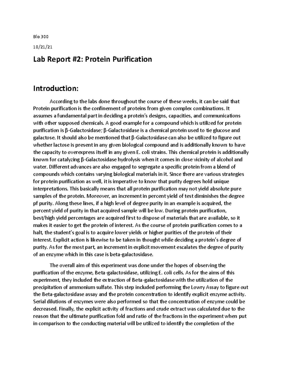 Lab 2 - This is Lab 2 - Bio 300 10/ 21 / Lab Report #2: Protein ...